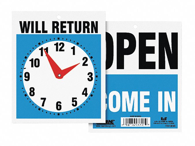 Sign,Open/Will Return w/Clock Hands - Grainger