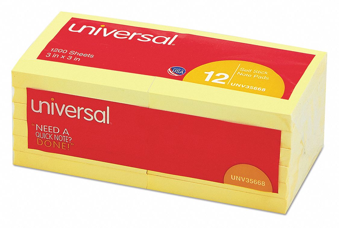 UNIVERSAL, Note,Stick-It,3"x3",Yllw,PK12 - 44PG67|UNV35668 - Grainger