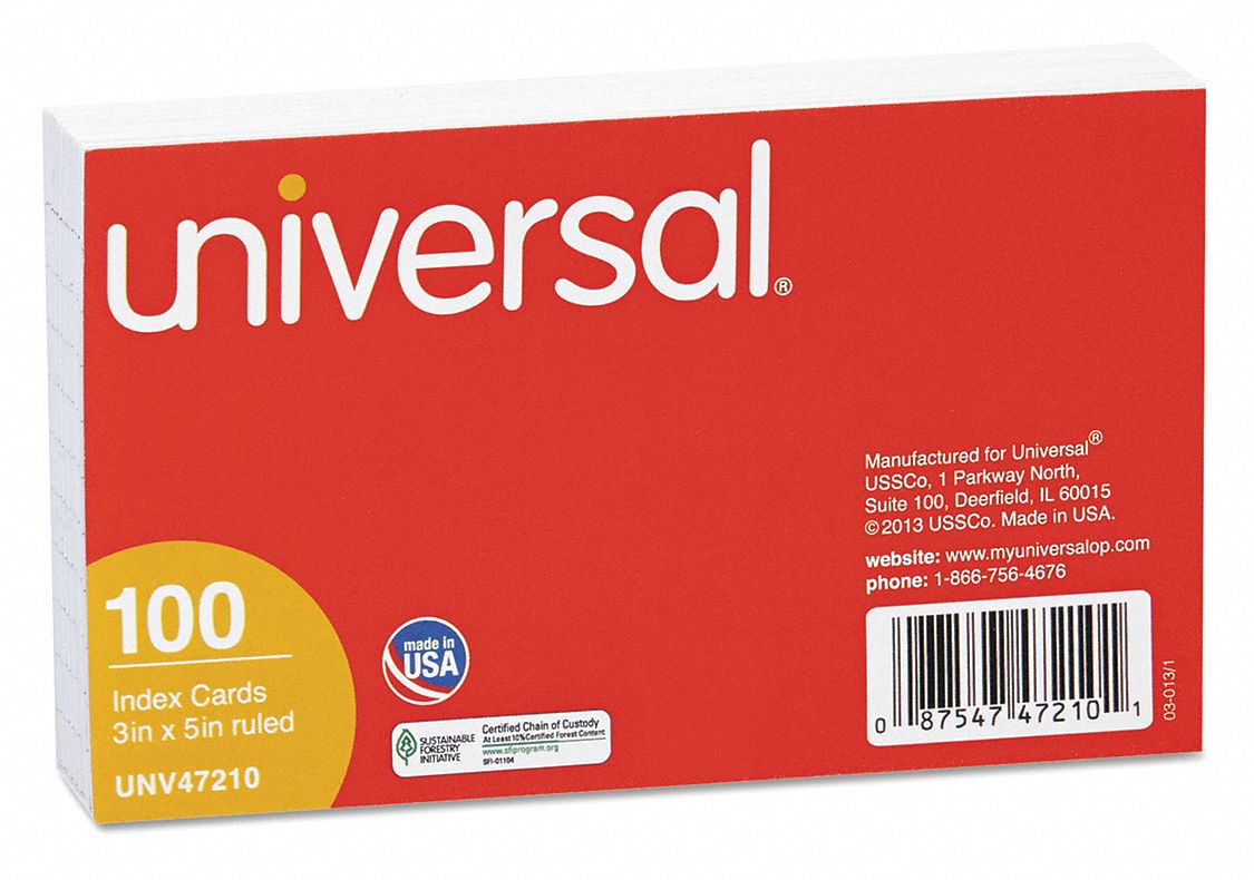 Card,Index,Ruled,3"x5",White,PK100, PK 100 - Grainger