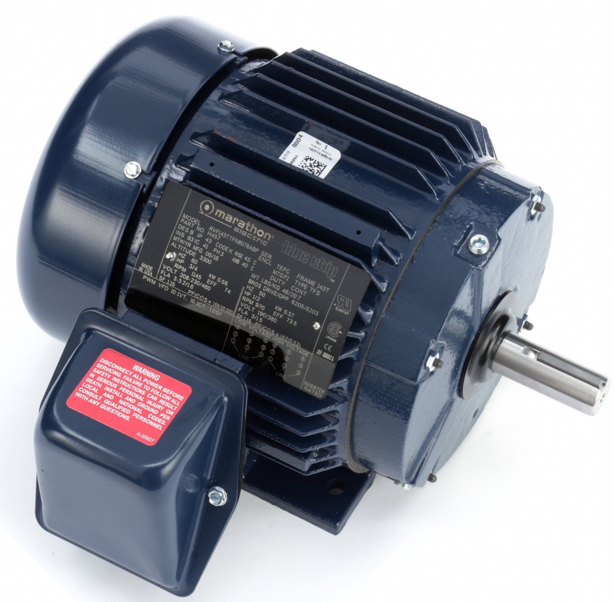 MARATHON MOTORS General Purpose Motor, 3/4 HP, 3-Phase, Nameplate RPM ...