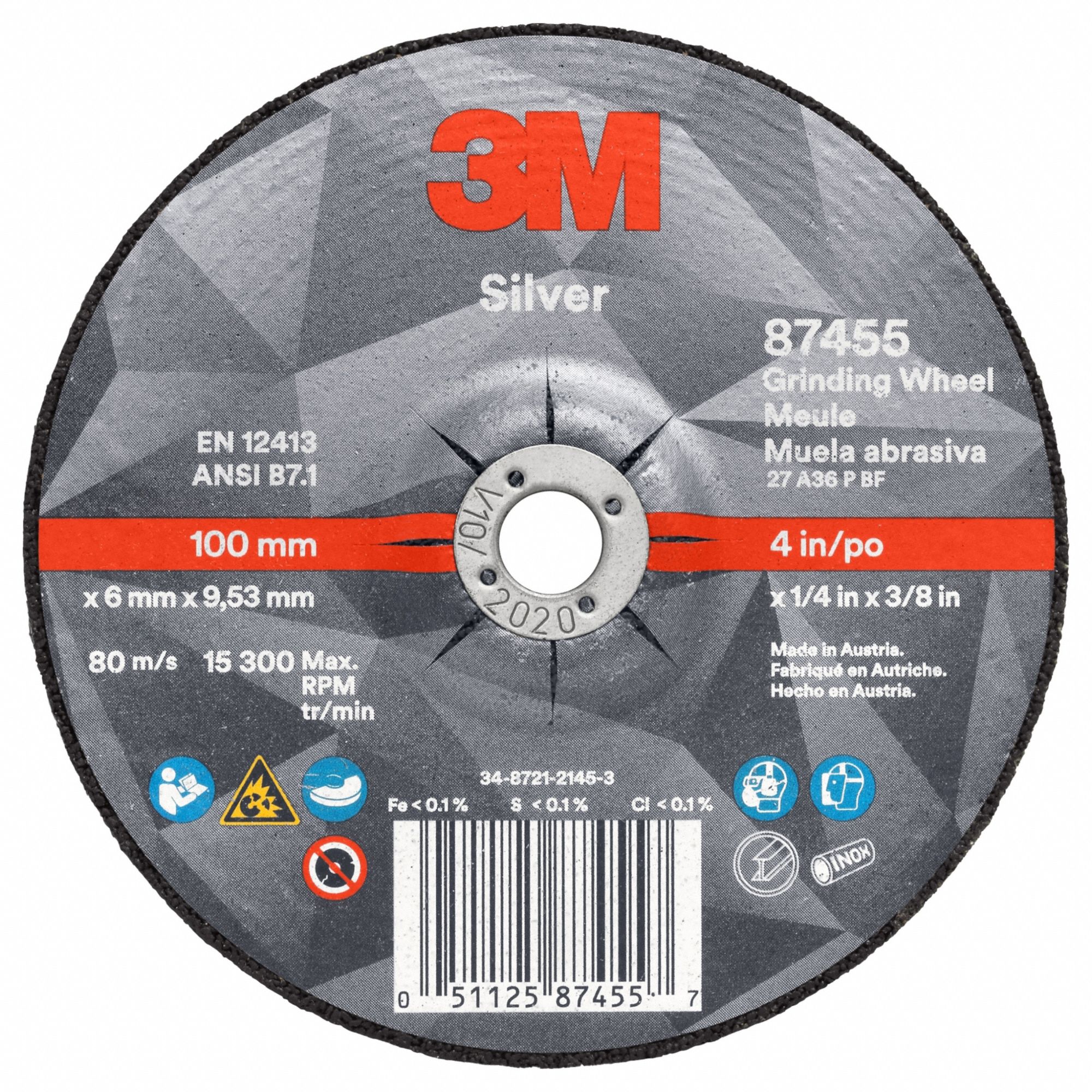 3M, Type 27, 4" x 1/4" x 3/8", Depressed Center Grinding Wheel - 450Y13 ...