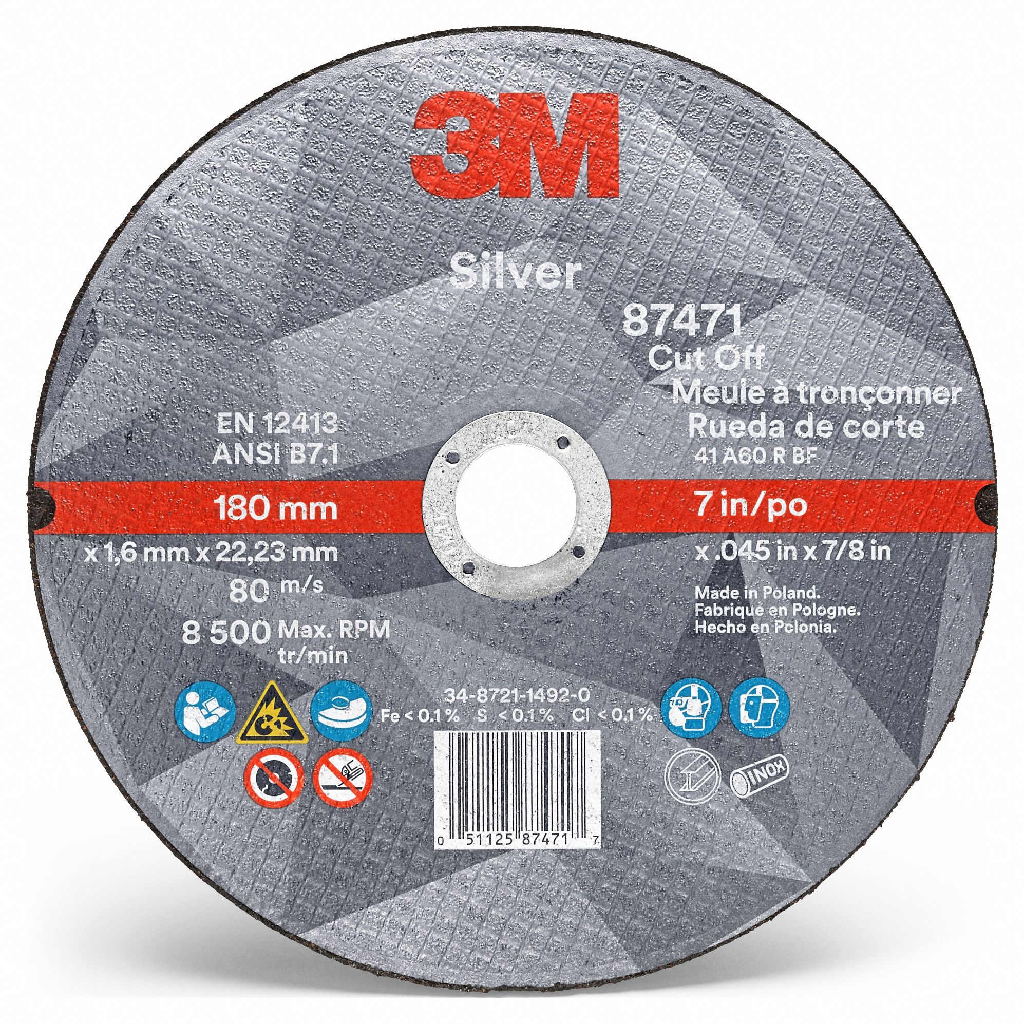 3M, Type 1, 7" x 0.045" x 7/8", Abrasive Cut-Off Wheel - 450Y36|87471 ...