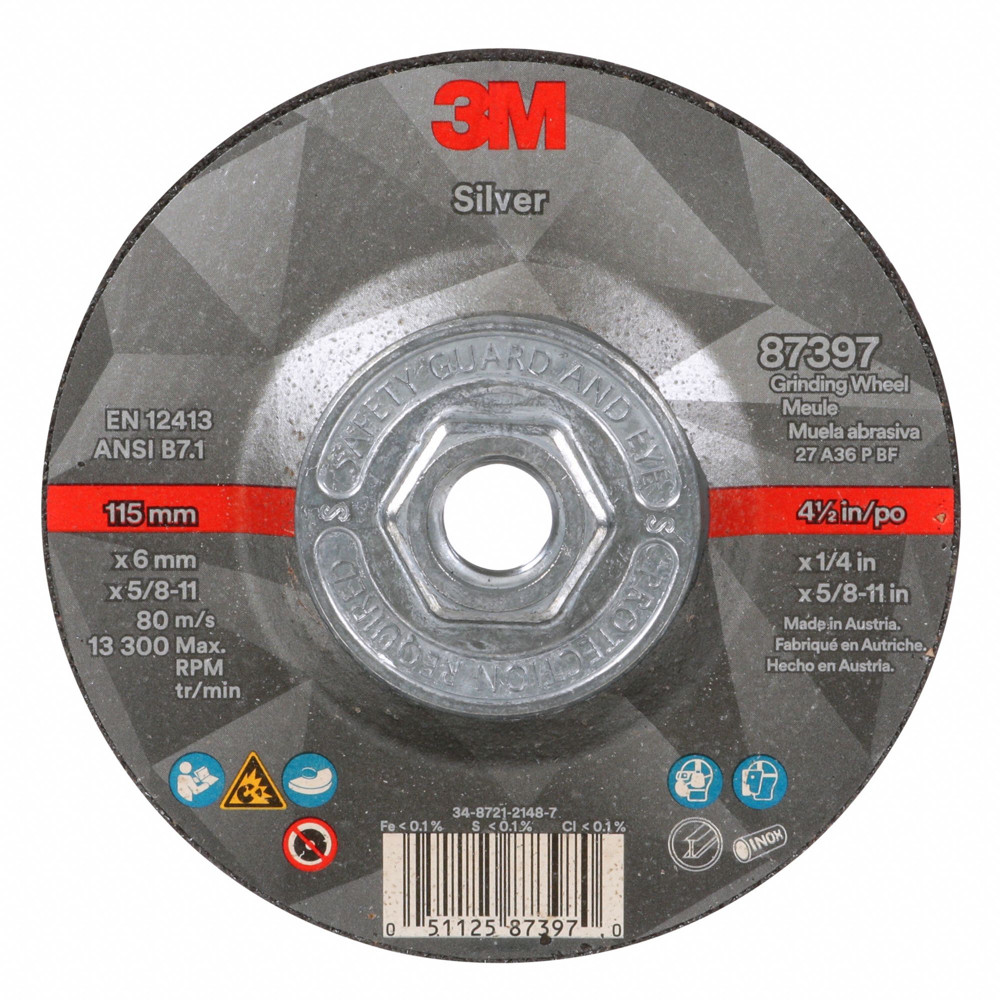 3M, Type 27, 4 1/2" x 1/4" x 5/8"-11, Depressed Center Wheels - 450Y37 ...