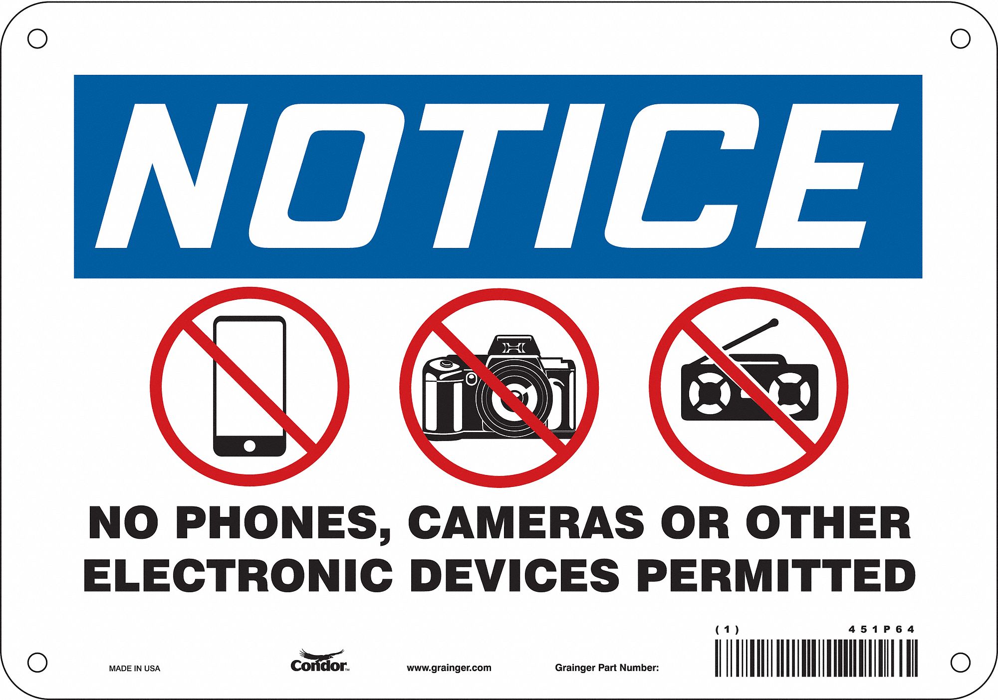 CONDOR Safety Sign Cell Phone, No Phones, Cameras Or Other Electronic ...