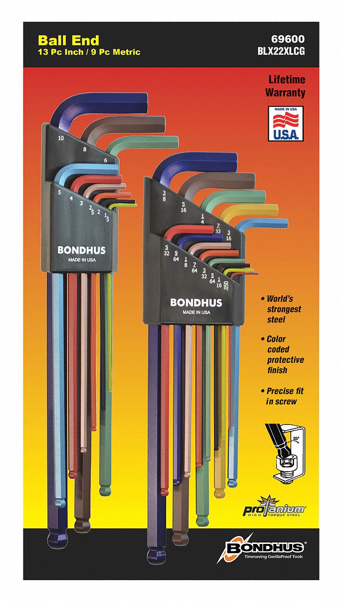 BONDHUS Hex Key Set L Key Shape Extra Long Color Coded Number Of