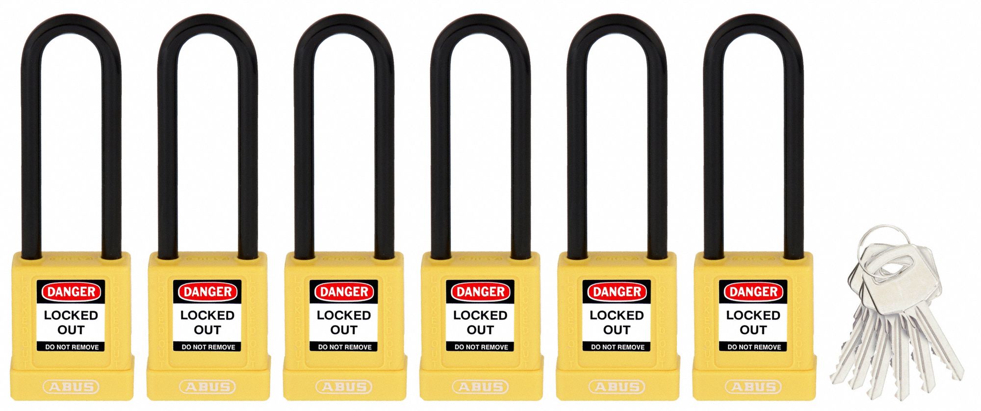 ABUS KEYED PADLOCK, KEYED ALIKE, BRASS, STANDARD BODY, HARDENED STEEL, EXTENDED, YELLOW, 6 PK ...