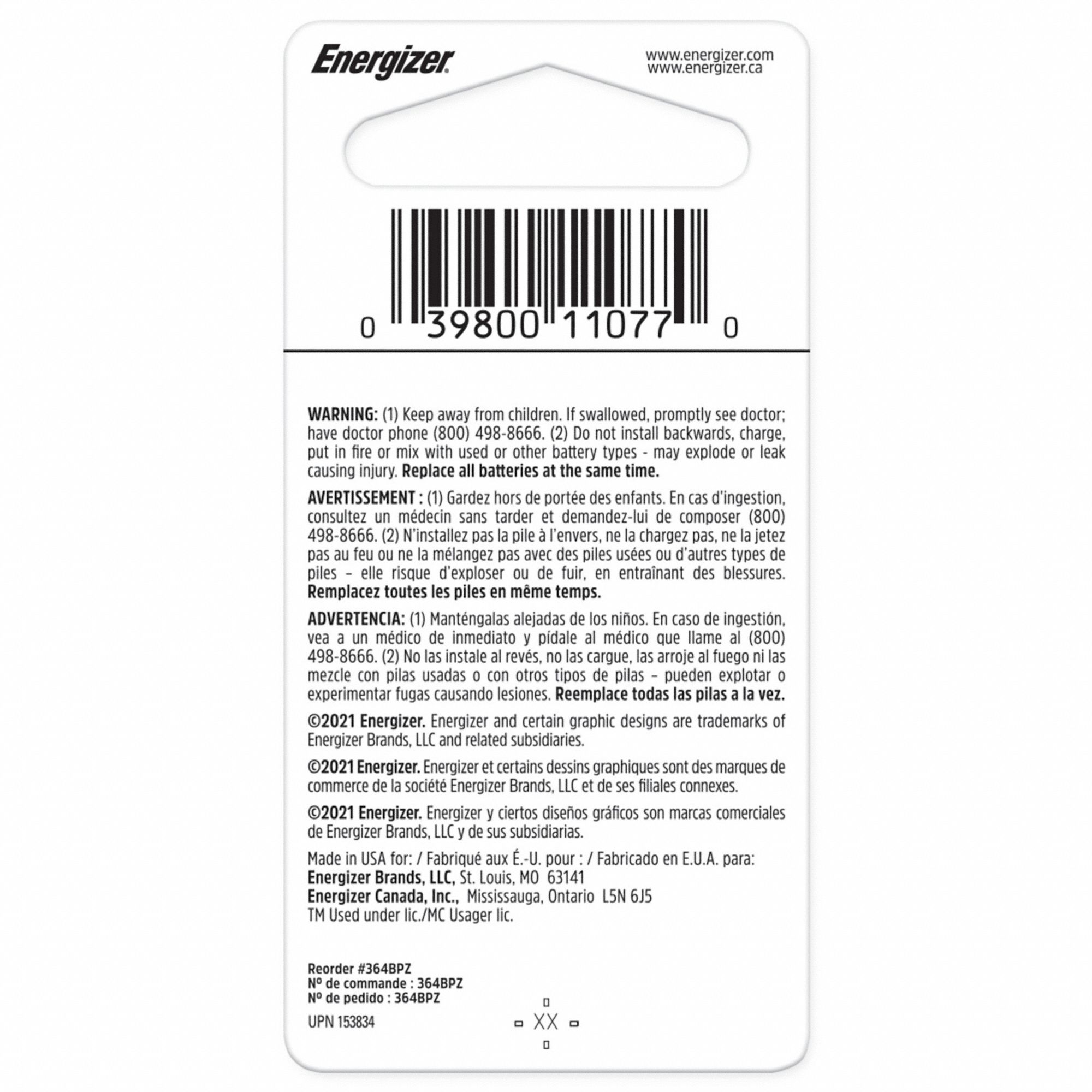 ENERGIZER Button Cell Battery: 364 Battery Size, Silver Oxide, 18 mAh ...