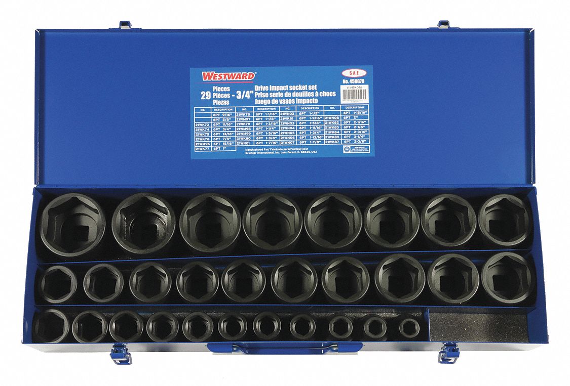 Impact Socket Set, Phosphate, 3/4 in, Impact Rated Yes - Grainger