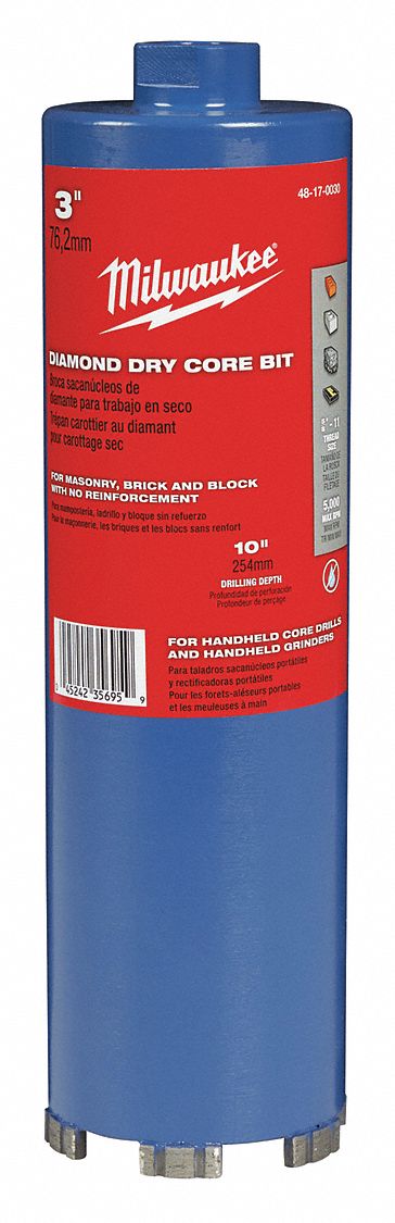 MILWAUKEE, 3 in Core Dia, 10 in Max Drilling Dp, Coring Bit - 45KN36|48 ...