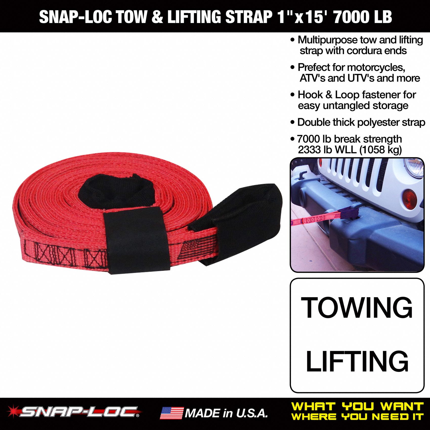 SNAP-LOC Tow Strap: 1 in x 15 ft Overall Hook Size, Grade 5, 1 in ...