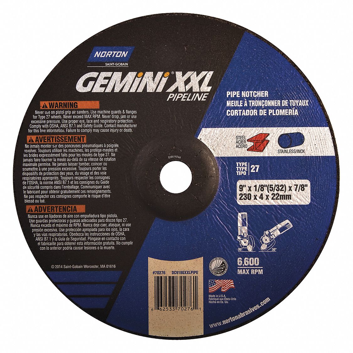 NORTON, Type 27, 9" x 1/8" x 7/8", Depressed Center Grinding Wheel ...