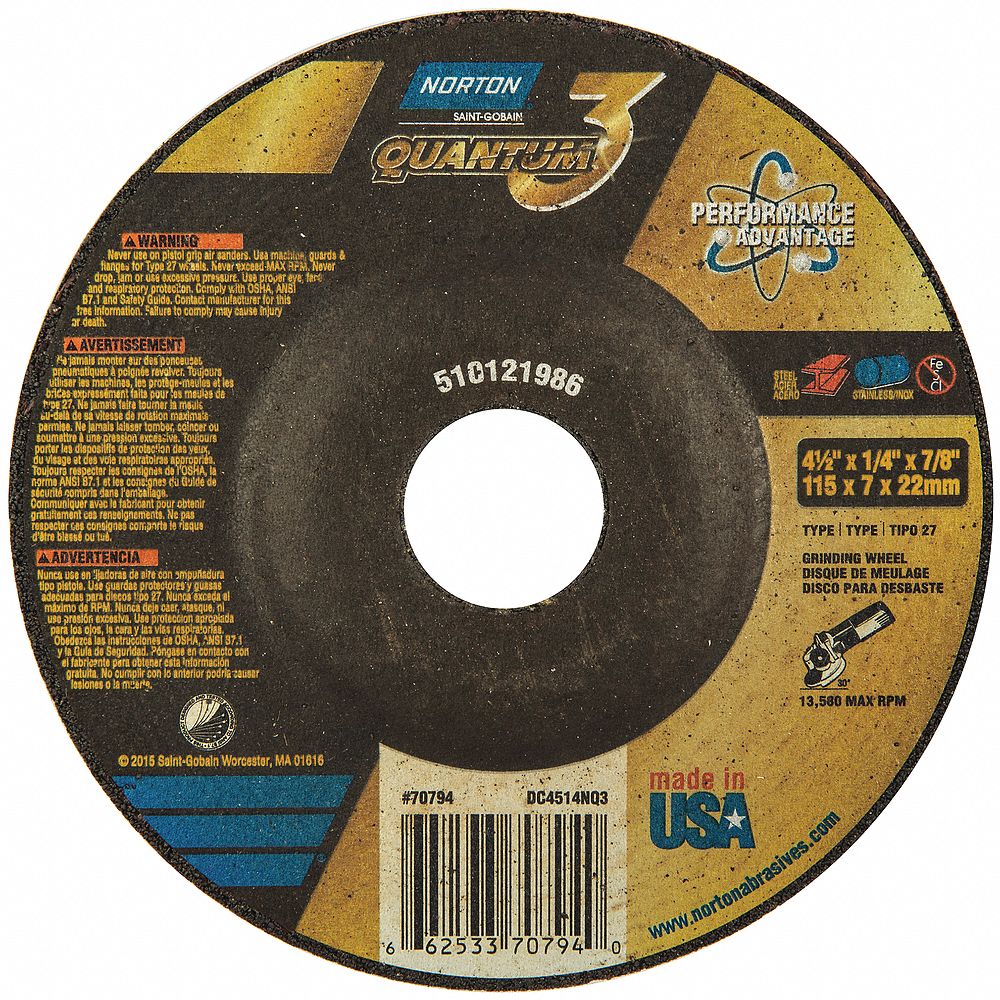 NORTON, Type 27, 4 1/2" x 1/4" x 7/8", Depressed Center Grinding Wheel ...