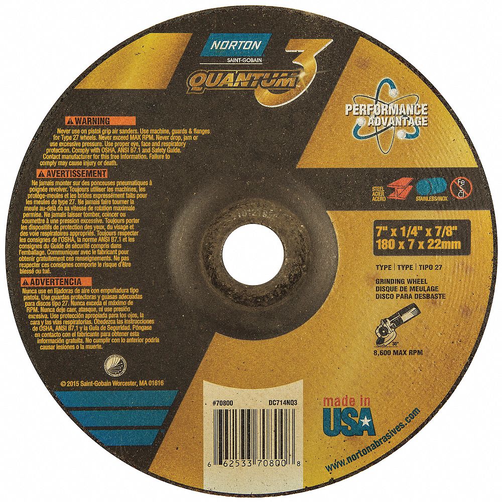 NORTON, Type 27, 7" x 1/4" x 7/8", Depressed Center Grinding Wheel ...