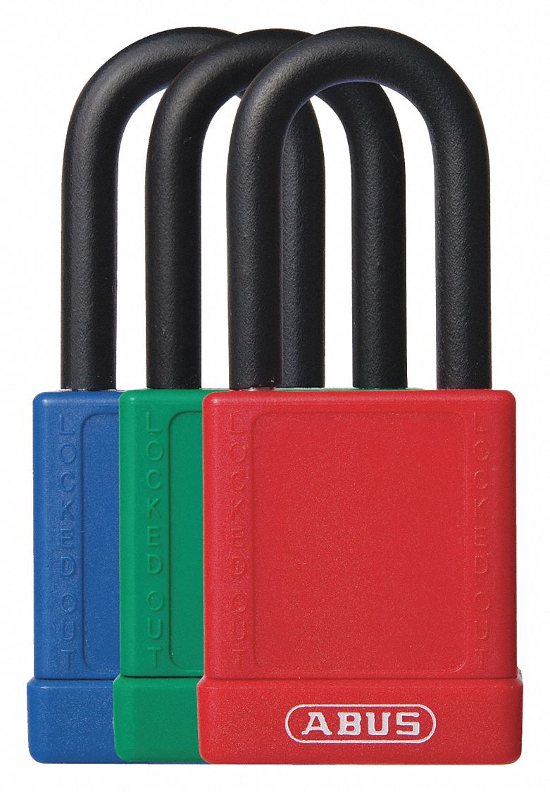ABUS LOCKOUT PADLOCK, KEYED DIFFERENT, ALUMINUM, LONG BODY, HARDENED STEEL, STD, ASSORTED, 6 PK ...