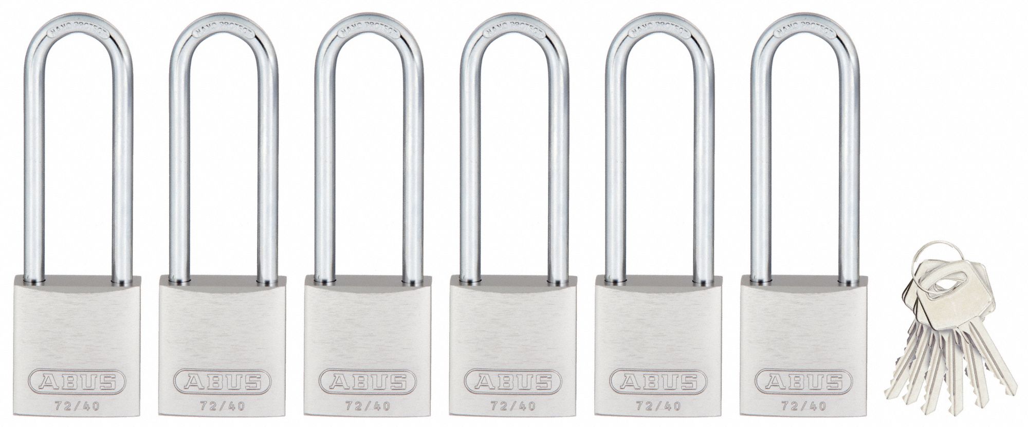 ABUS KEYED PADLOCK, KEYED ALIKE, ALUMINUM, STANDARD BODY, HARDENED STEEL, EXTENDED, SILVER, 6 PK ...