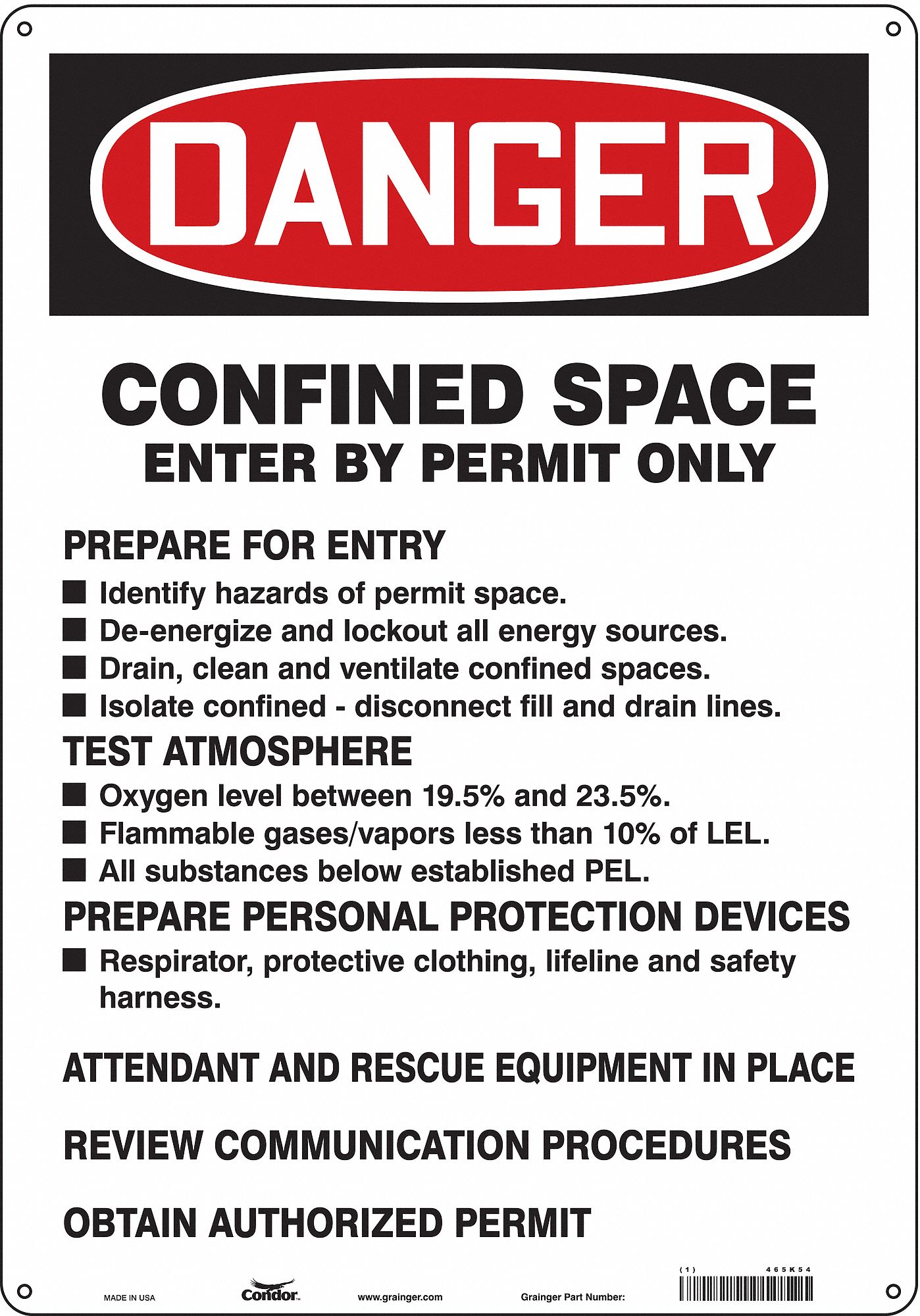CONDOR Letrero de Seguridad, Encabezado: Danger, Material Fibra de ...