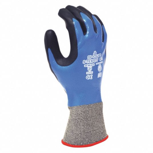 SHOWA Coated Gloves: L ( 8 ), ANSI Cut Level A4, Full, Double Dipped, Foam Nitrile, Nitrile, 1 ...