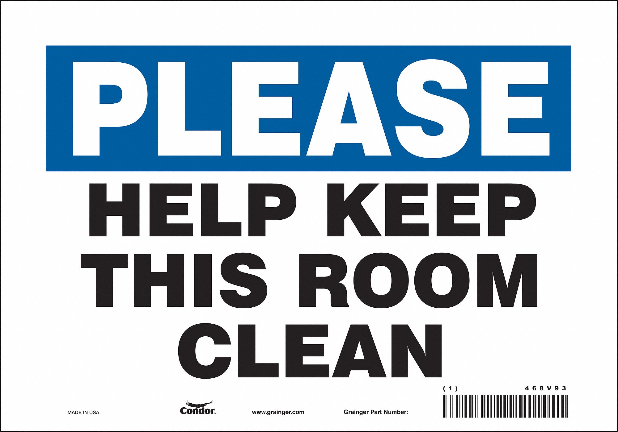 CONDOR Safety Sign, Sign Format Other Format, Help Keep This Room Clean ...
