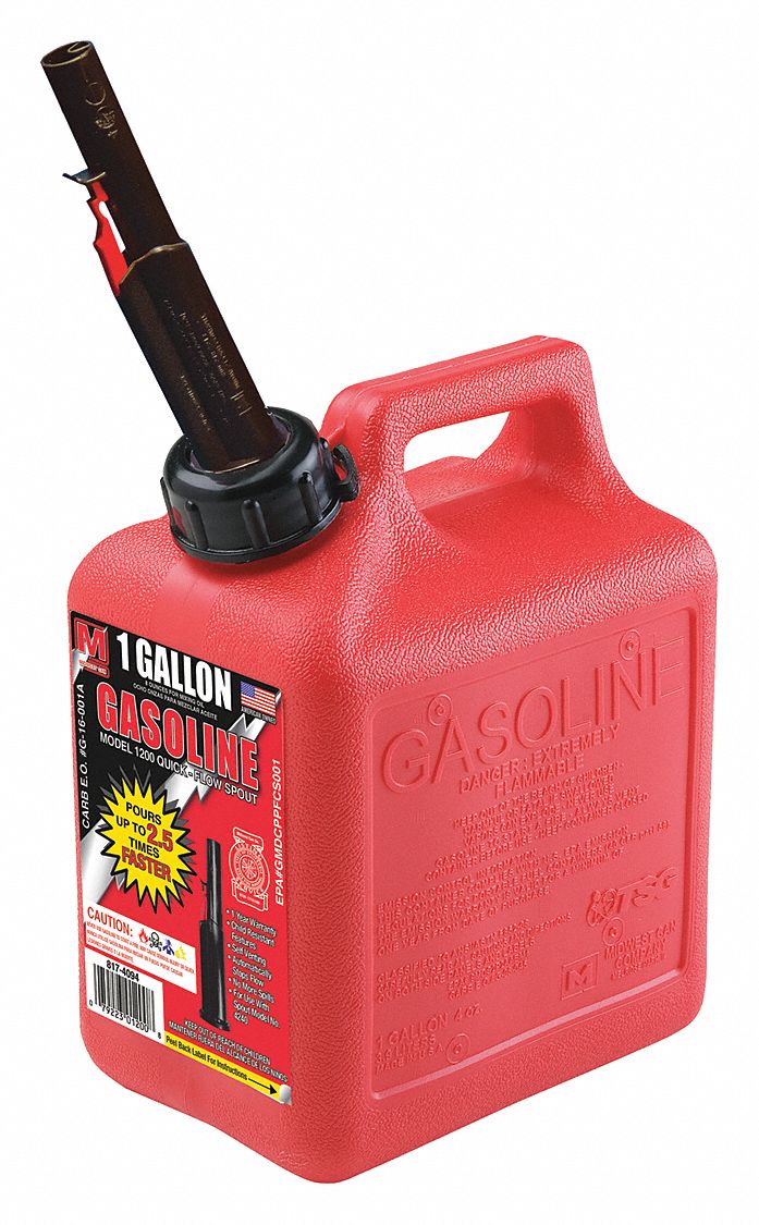Gas Can, HDPE, 1 gal Capacity, 9-1/2" Height, 7-1/2" Length, 5" Width ...