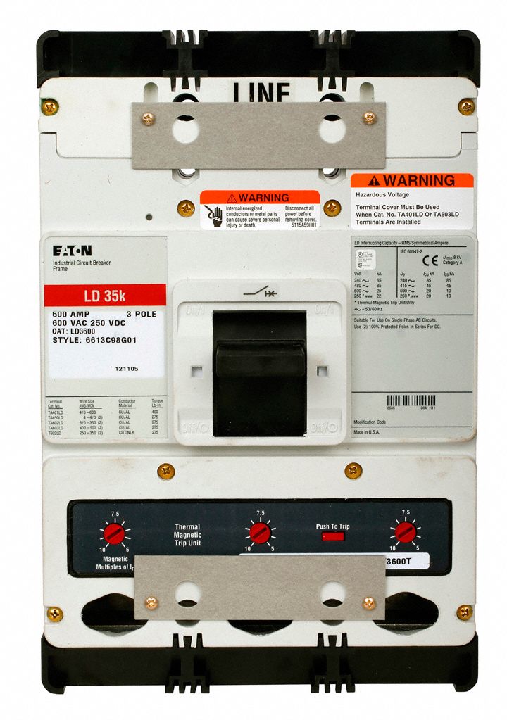 EATON Molded Case Circuit Breaker: 600 A Amps, 65kA at 240V AC, Fixed, ABC, Line/Load Lug, Std ...