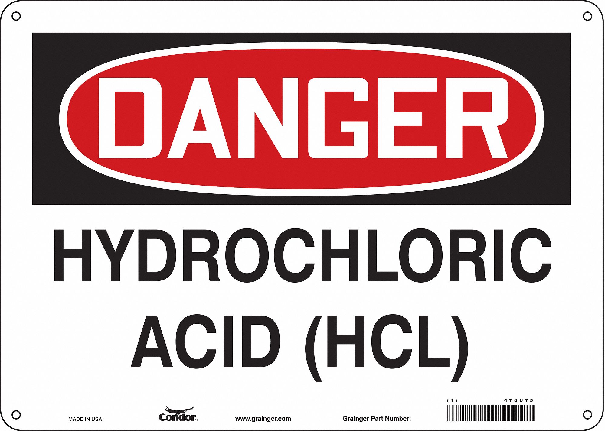 CONDOR Safety Sign, Sign Format Traditional OSHA, Hydrochloric Acid ...