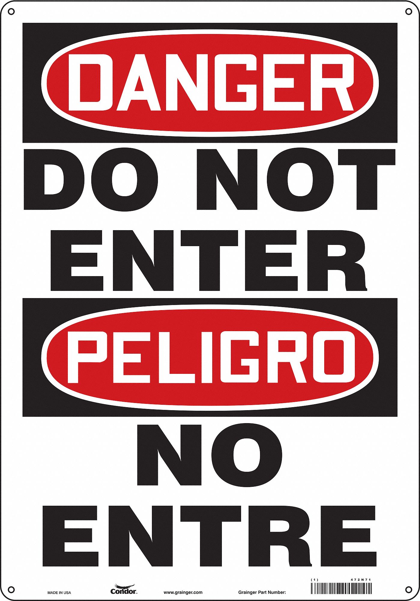 CONDOR Safety Sign, Sign Format Traditional OSHA, Do Not Enter/No Entre ...