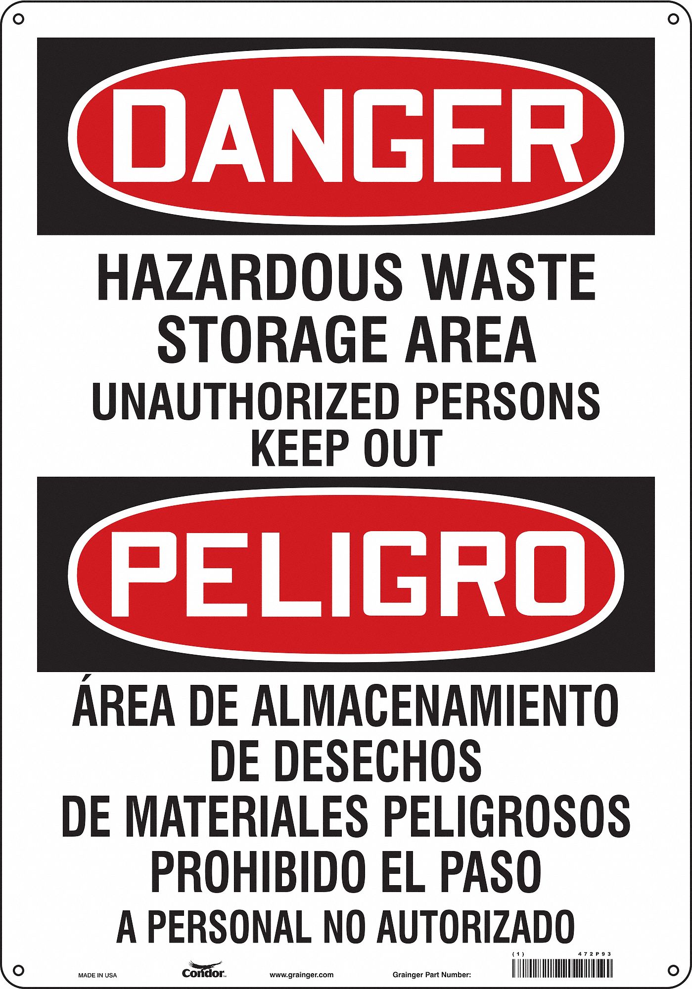 CONDOR Letrero de Seguridad, Encabezado: Danger/Peligro, Material Fibra ...