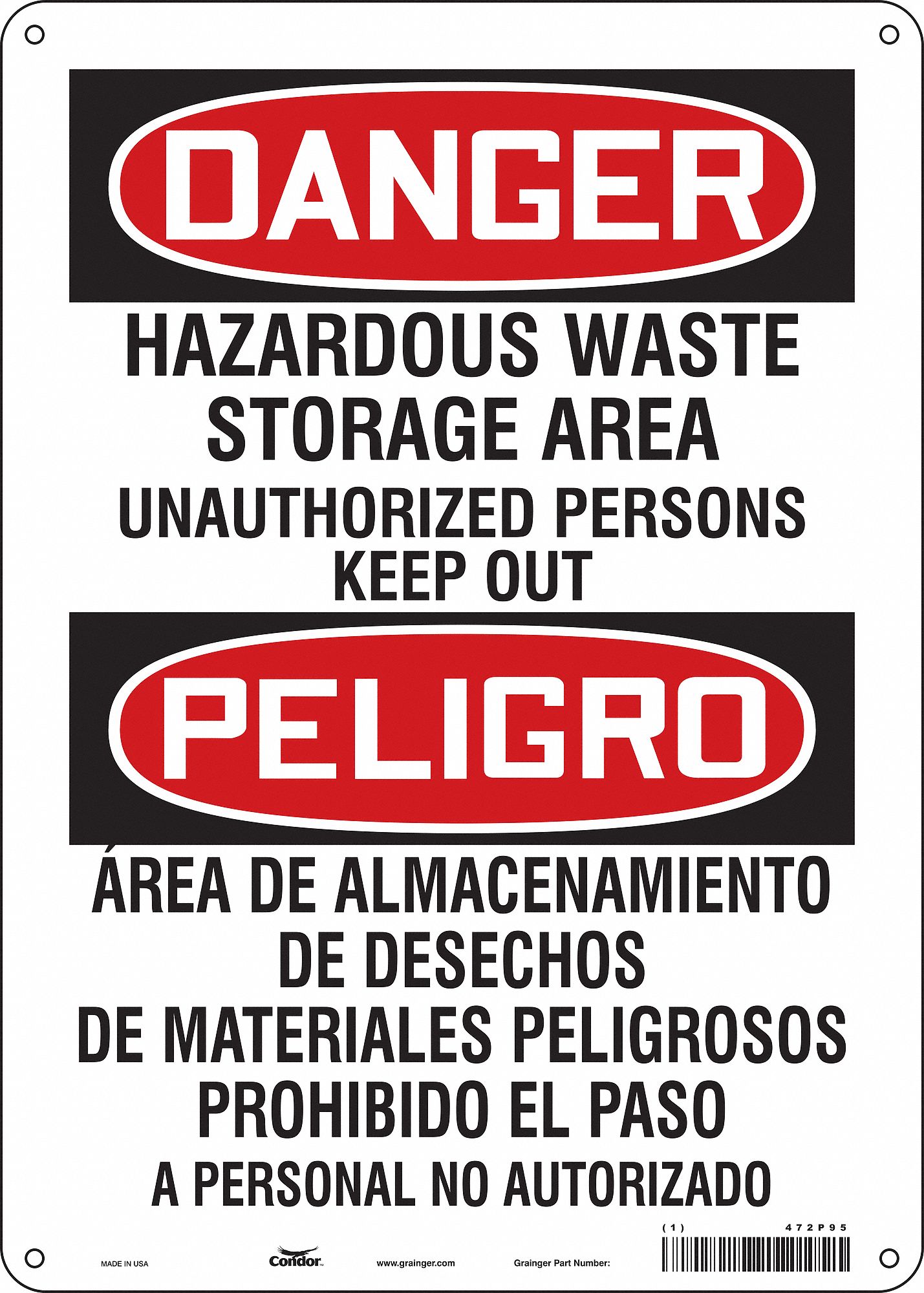 CONDOR Letrero de Seguridad, Encabezado: Danger/Peligro, Material ...