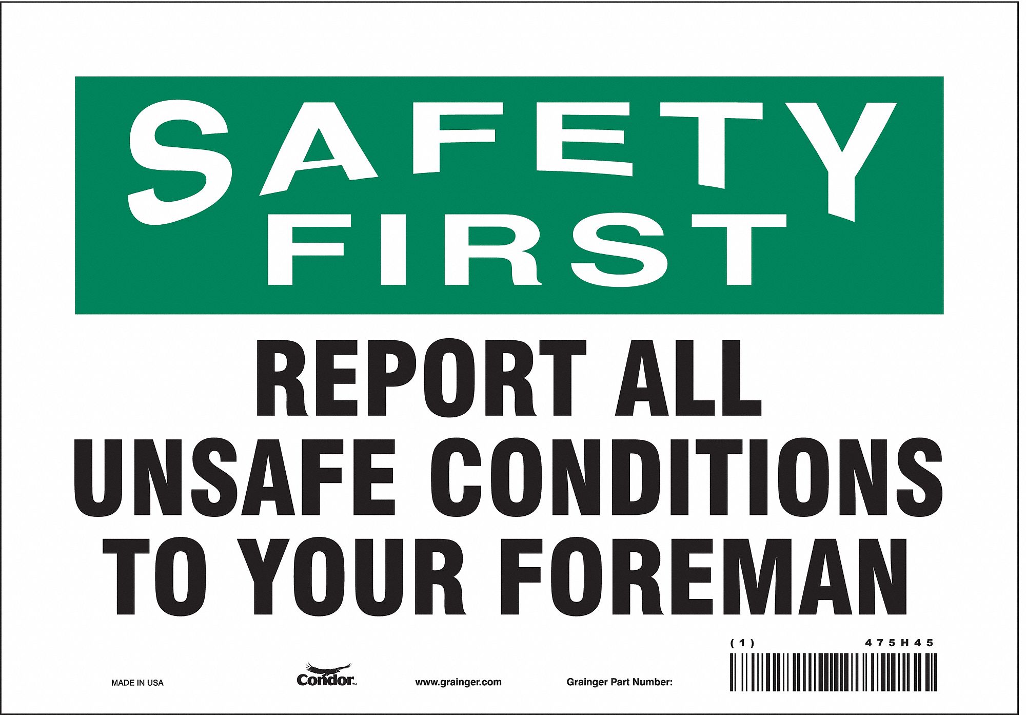 CONDOR Safety Sign, Sign Format Traditional OSHA, Report All Unsafe ...