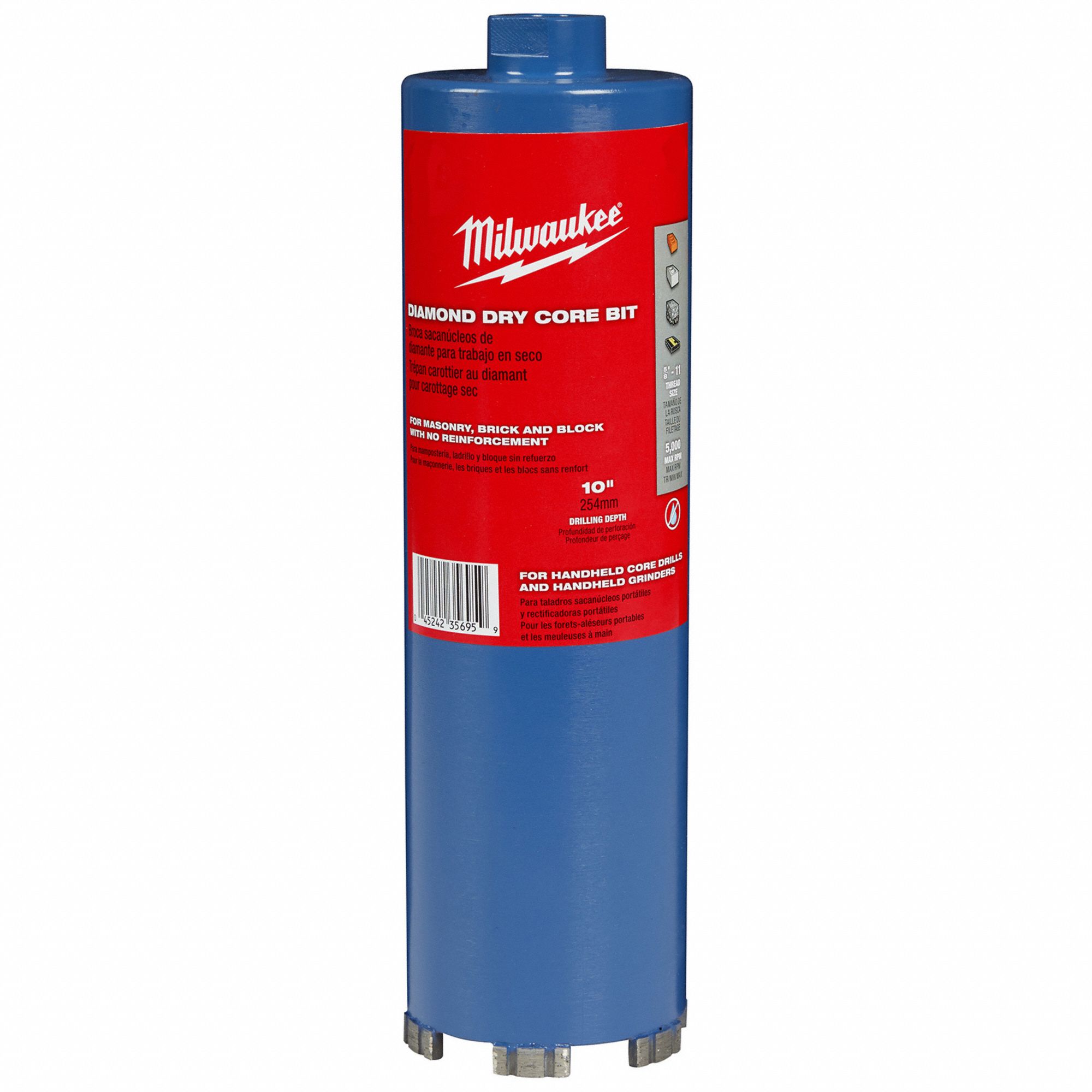 MILWAUKEE, 4 in Core Dia, 10 in Max Drilling Dp, Coring Bit - 45KN38|48 ...