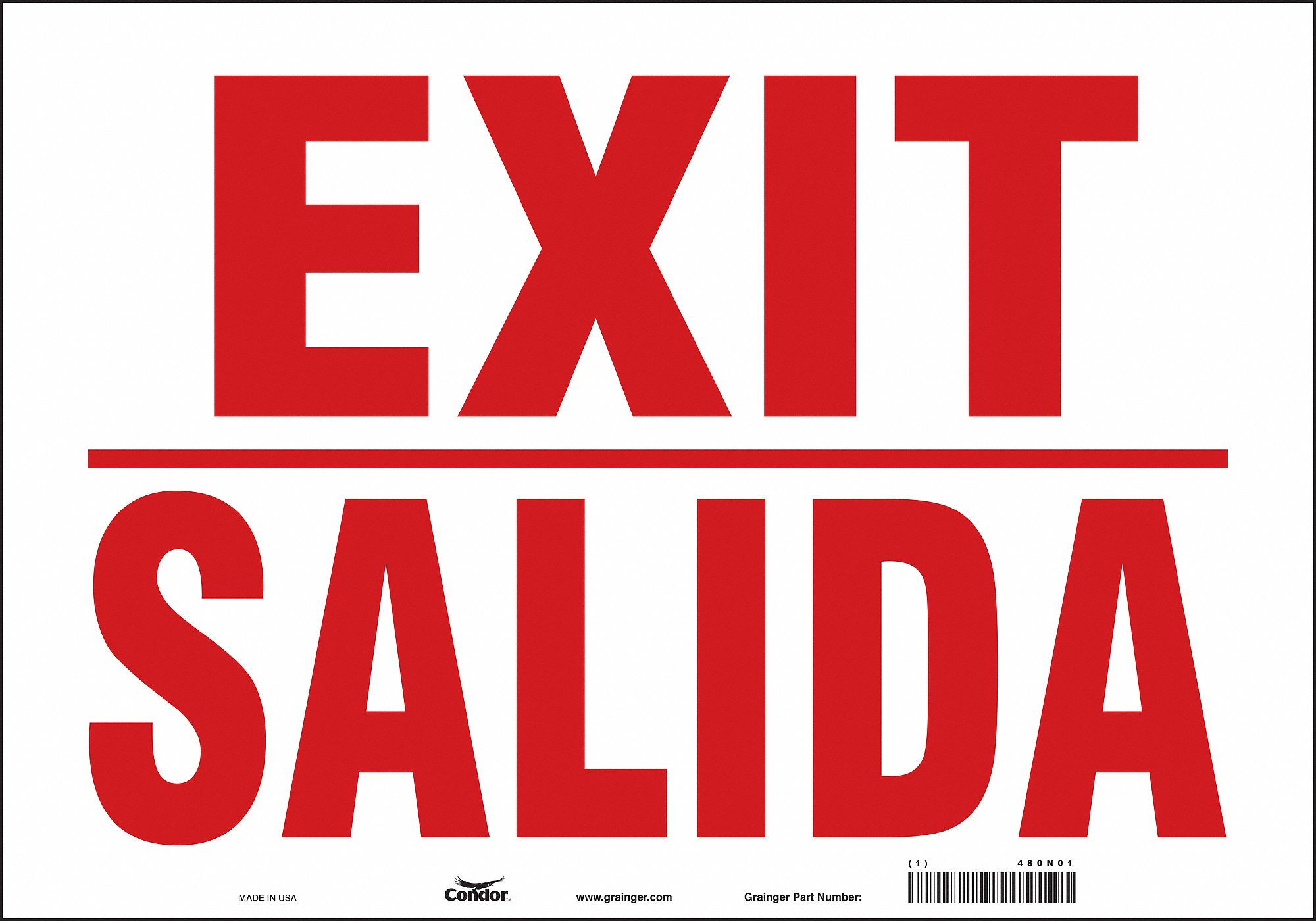 CONDOR Safety Sign, Exit/Salida, Sign Header No Header, Vinyl, 14 in x ...