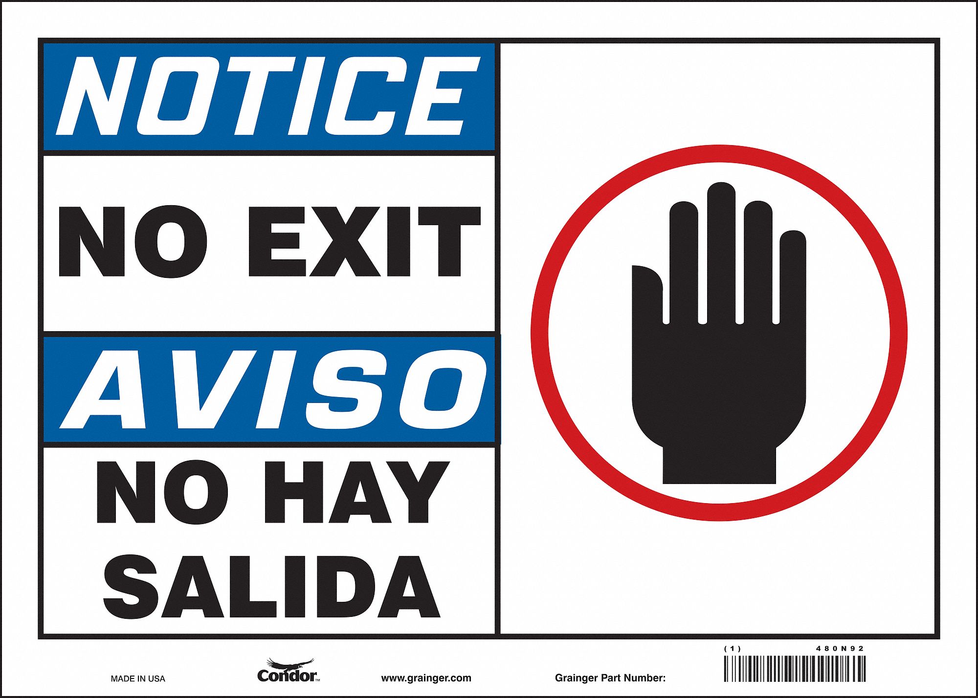 CONDOR Safety Sign, No Exit/No Hay Salida, Sign Header Notice/Aviso ...