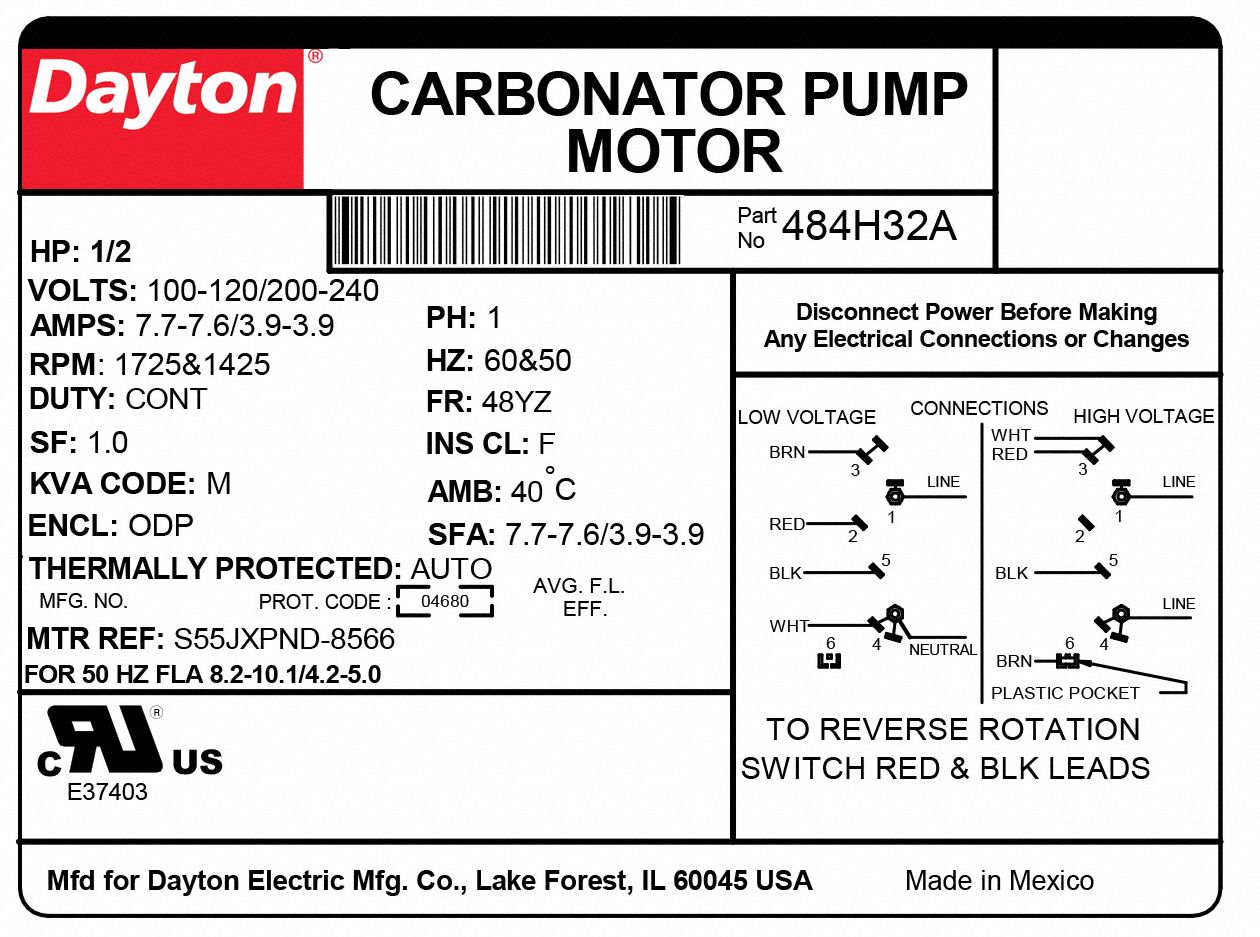 DAYTON Carbonator Pump Motor: Cradle Base Mounting, 1/2 HP, 1,725 ...