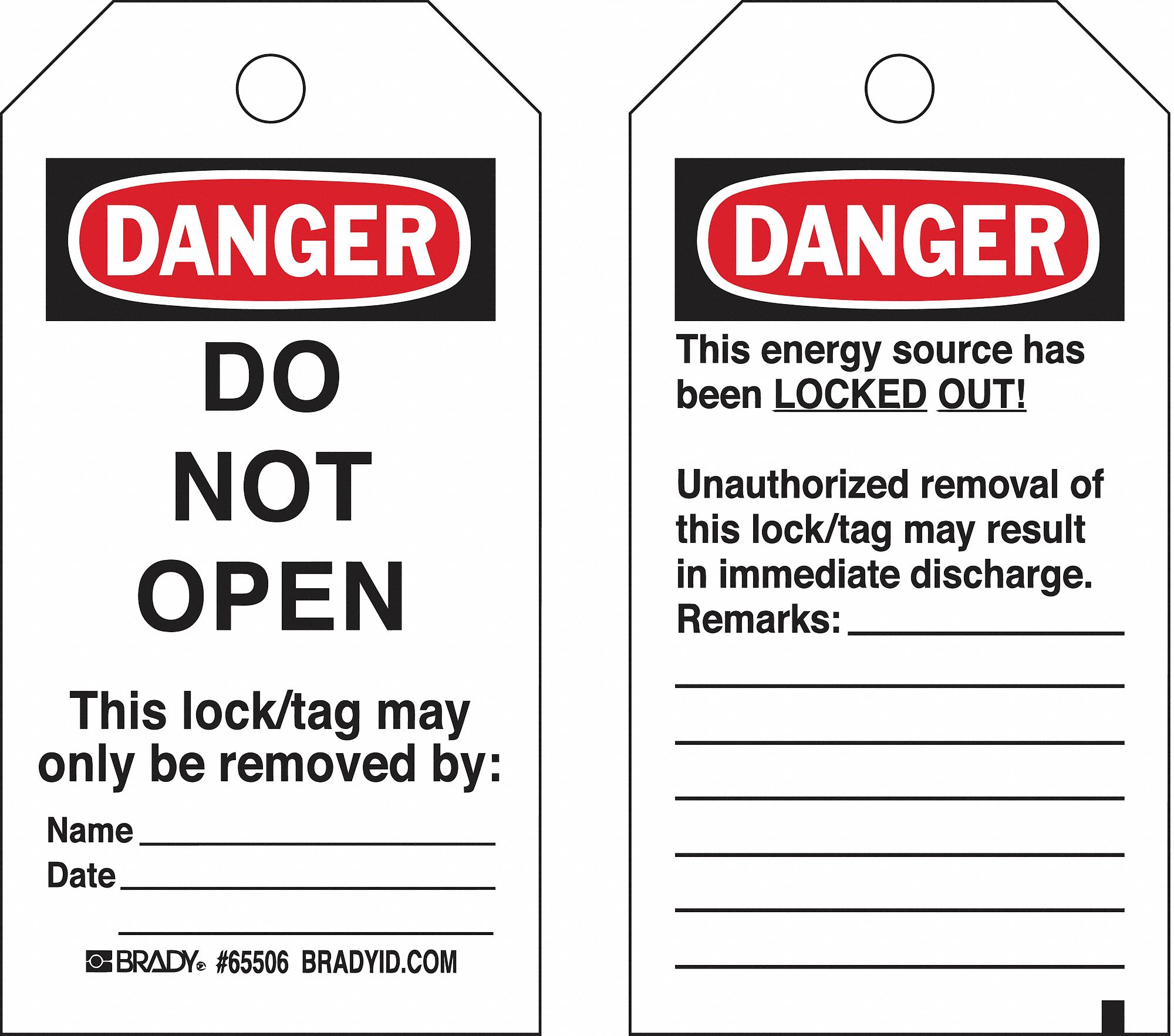 BRADY, Danger, Do Not Remove Tag, Lockout Tag - 489L51|133558 - Grainger