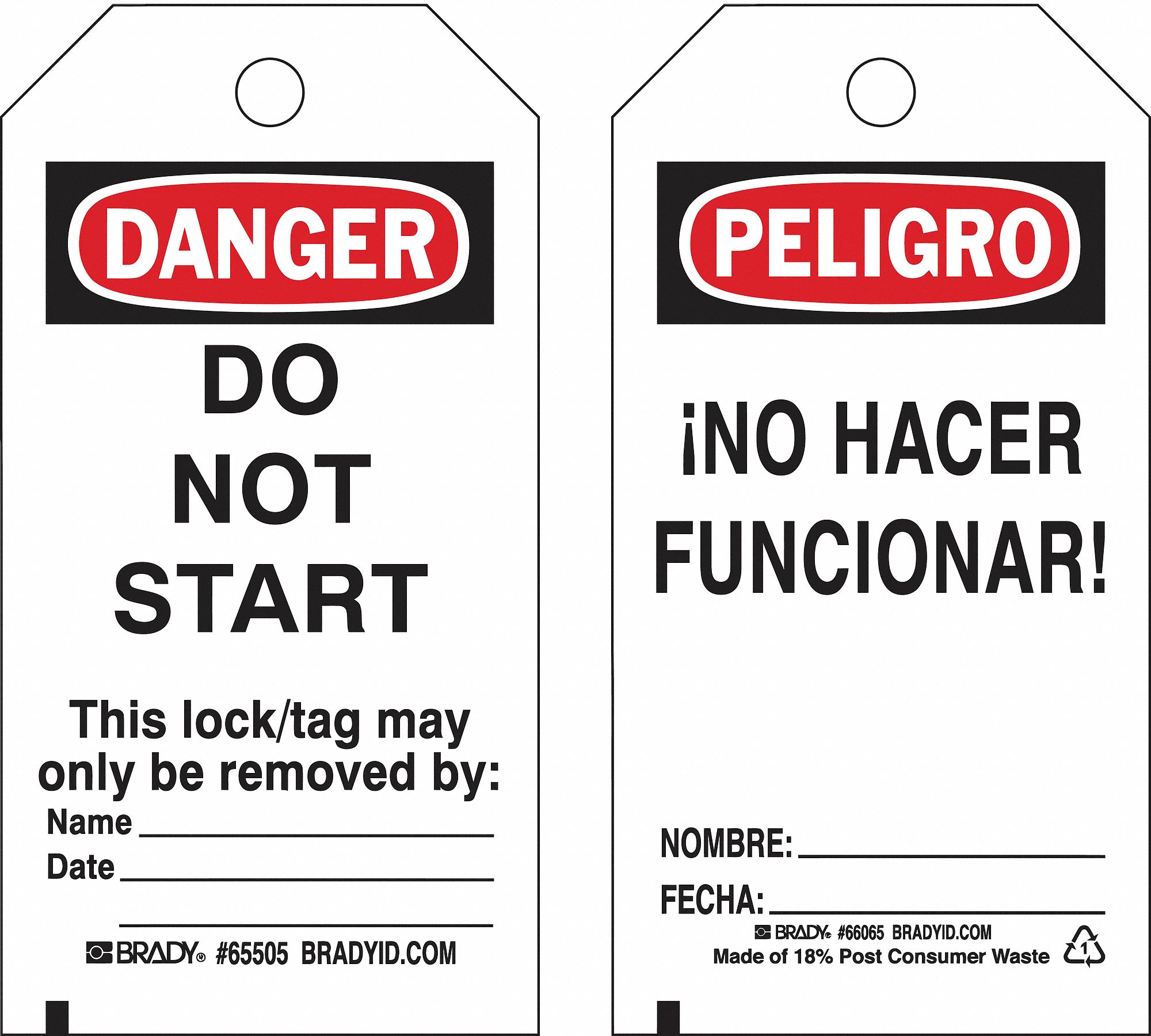 BRADY, Danger/Peligro, Do Not Remove Tag, Lockout Tag - 489M49|133499 ...