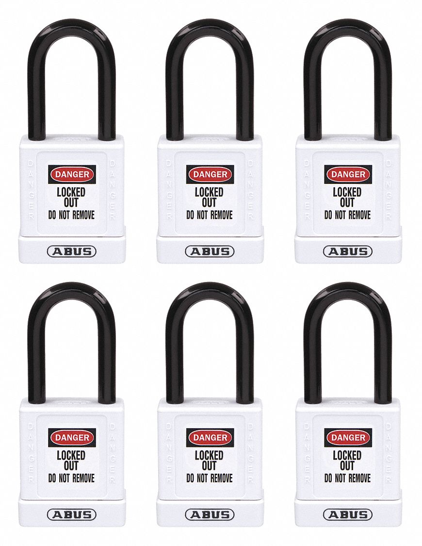 APPROVED VENDOR LOCKOUT PADLOCK, KEYED ALIKE, ALUMINUM, STANDARD BODY, HARDENED STEEL, WHITE, 6 ...