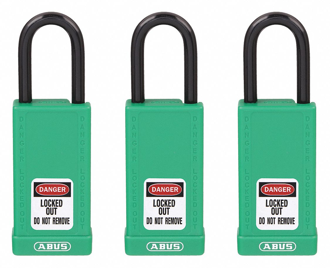 APPROVED VENDOR LOCKOUT PADLOCK, KEYED ALIKE, ALUMINUM, STANDARD BODY, HARDENED STEEL, GREEN, 3 ...
