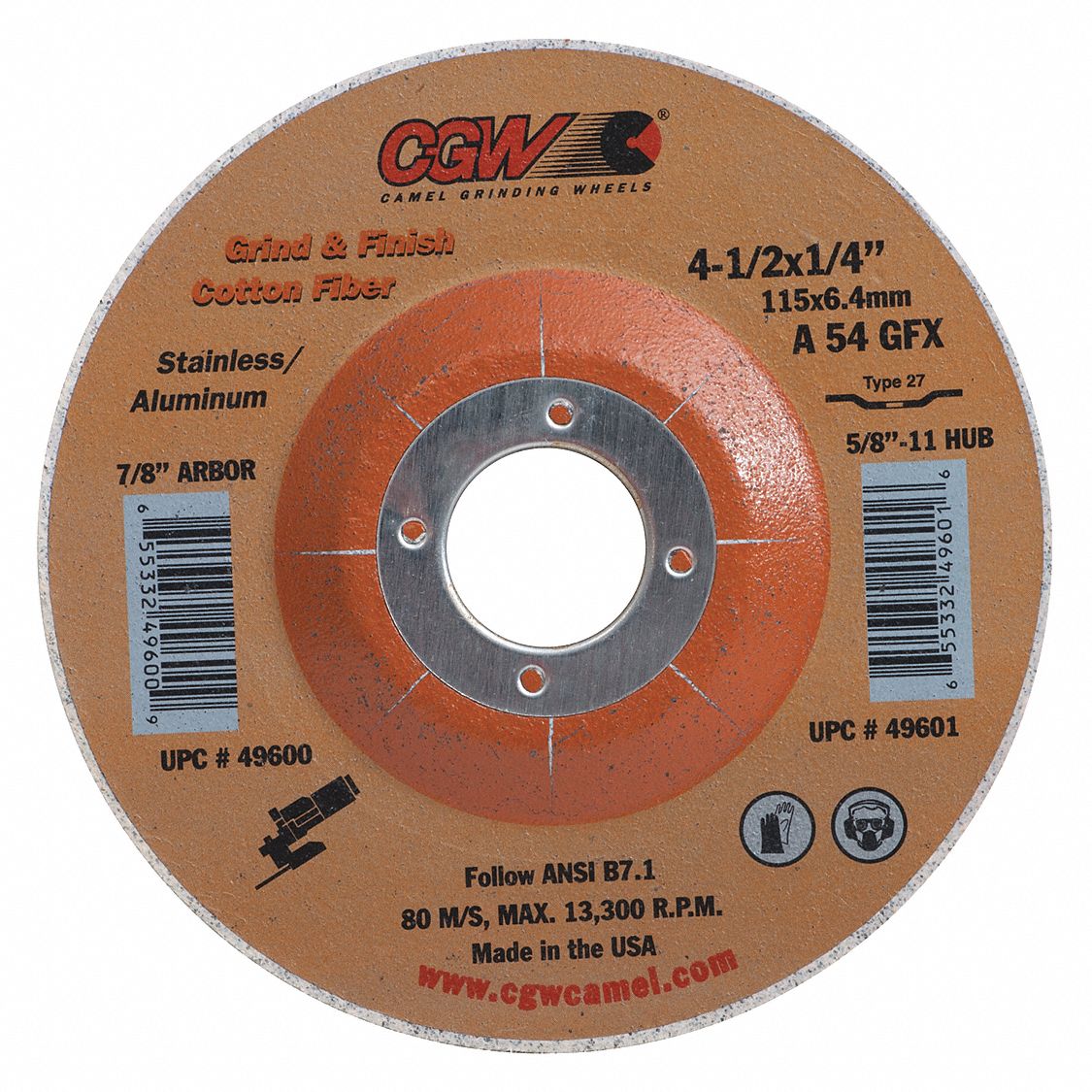 CGW ABRASIVES GRIND/FINISH WHEEL, TYPE 27, 8,500 RPM, 54 GRIT, 7 X 1/4 ...