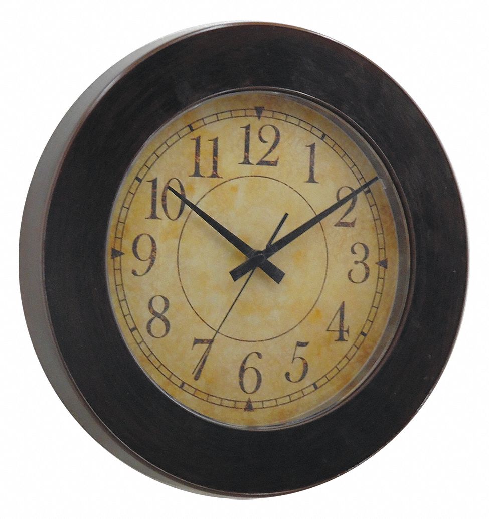 14 in Round Wall Clock Arabic, Brown Plastic Frame - Grainger