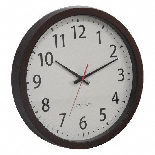 14 in Round Wall Clock Arabic, Brown Plastic Frame - Grainger