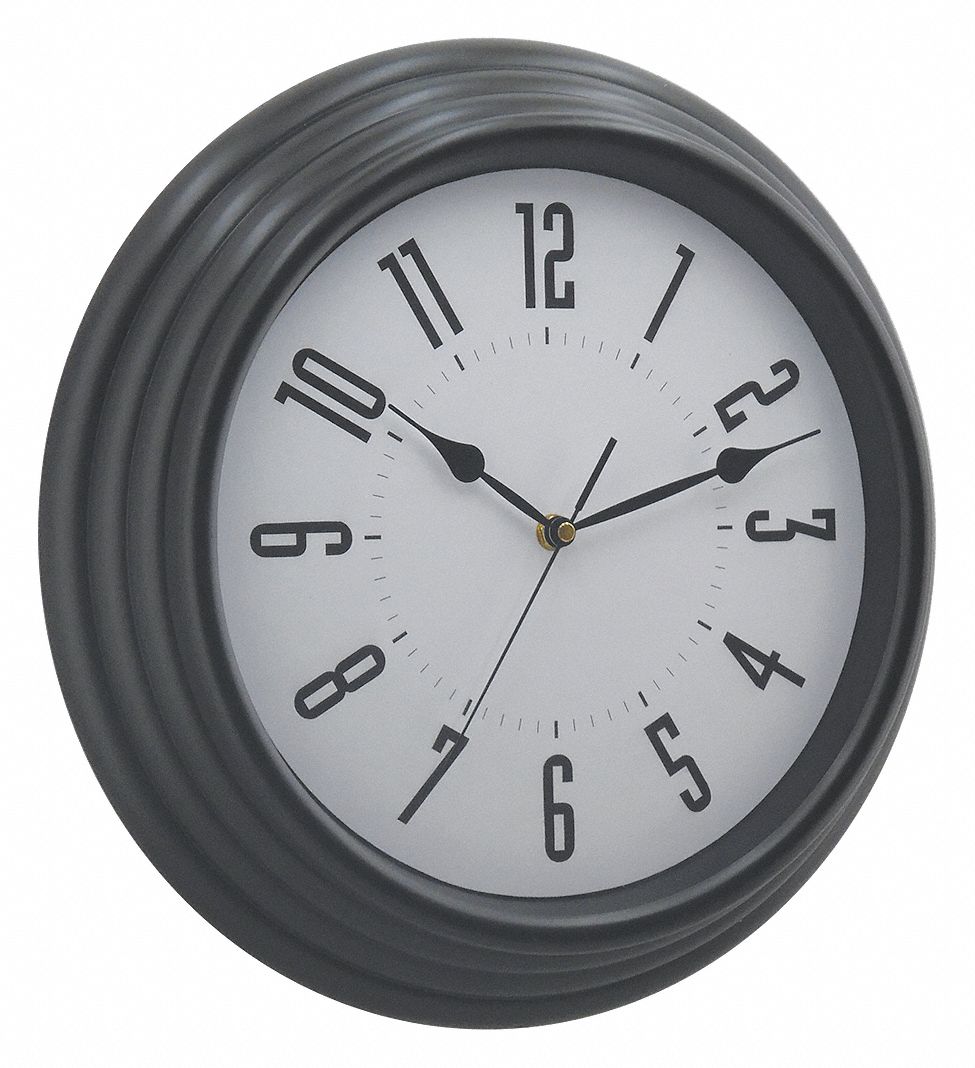 15 in Round Wall Clock Arabic, Black Plastic Frame - Grainger