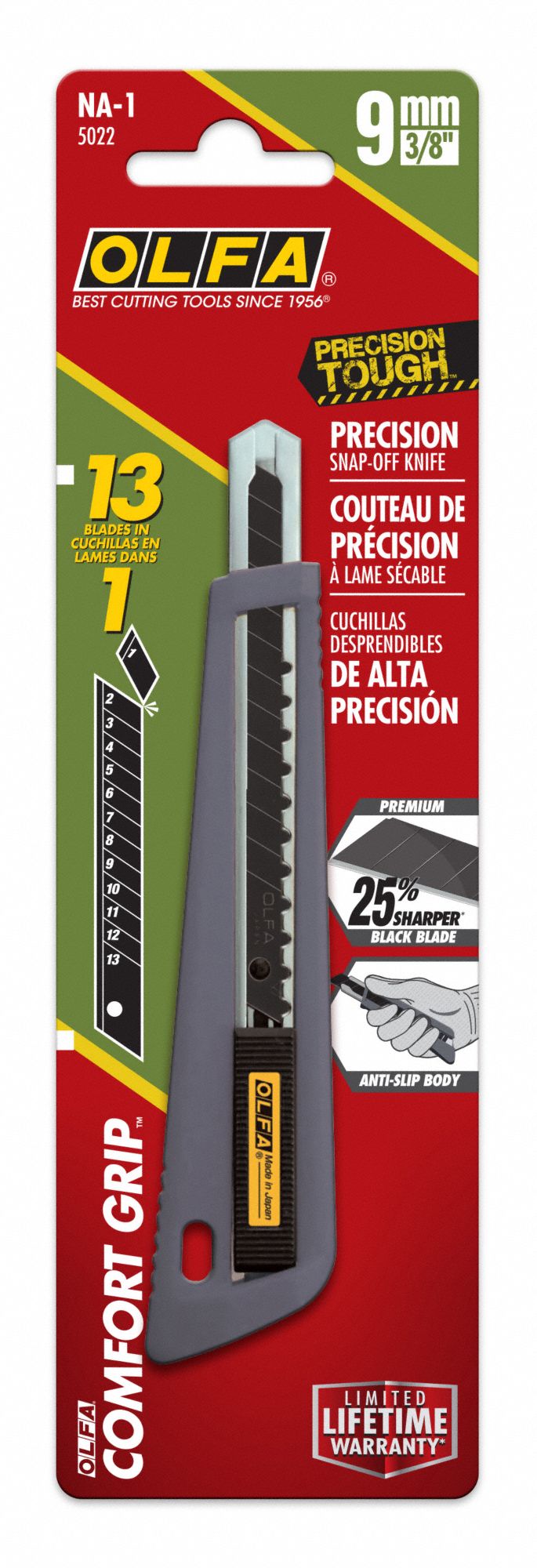 OLFA Snap-Off Utility Knife: 5 1/2 in Overall Lg, Rubberized, 13 Segments, 0 Blades Stored, Gray ...