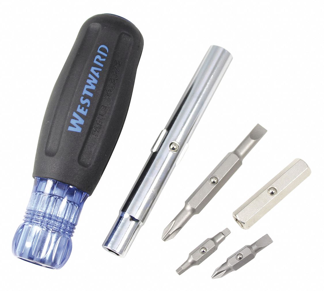 WESTWARD, #1/1/4 in/#2/3/16 in/3/8 in/5/16 in/S1/S2 Tip Size, 6 Tips, Multi-Bit Screwdriver ...