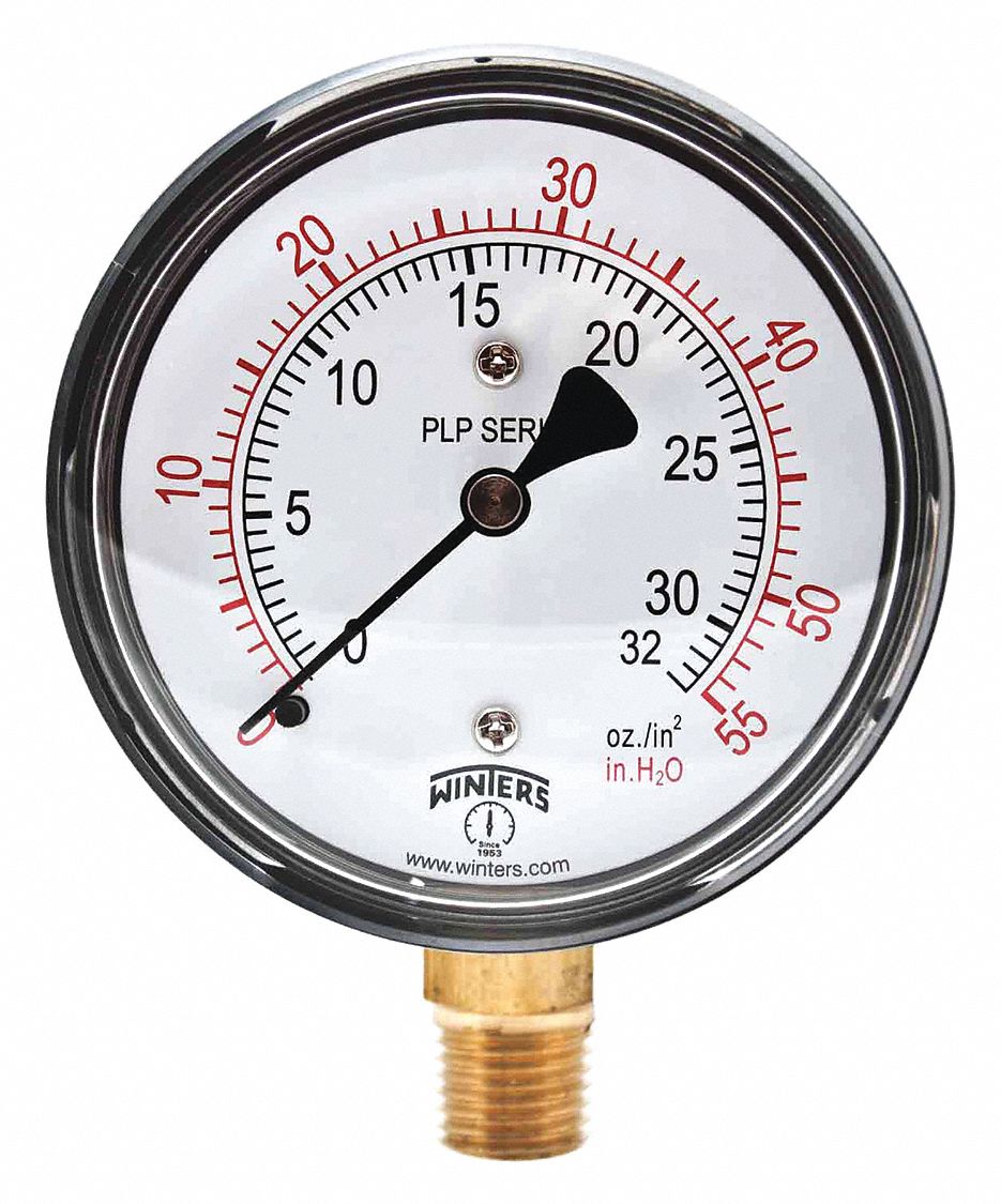 WINTERS Pressure Gauge, 0 to 55 in wc Range, 1/4 in NPT, ±3-2-3% Gauge ...