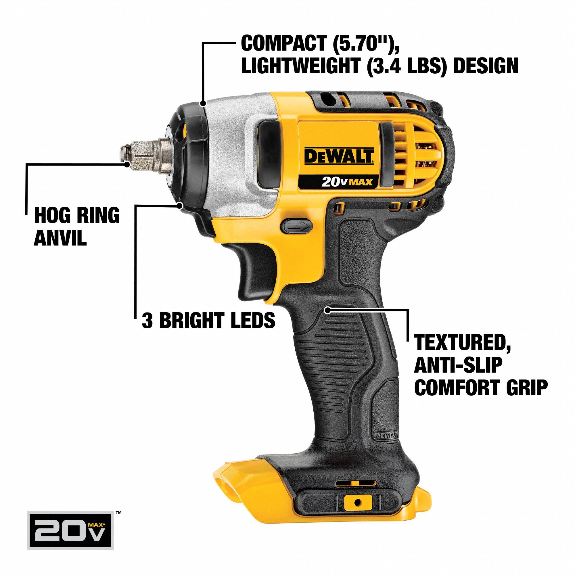 DEWALT Cordless, Impact Wrench, 20V DC, 130 ft-lb Breakaway Torque ...