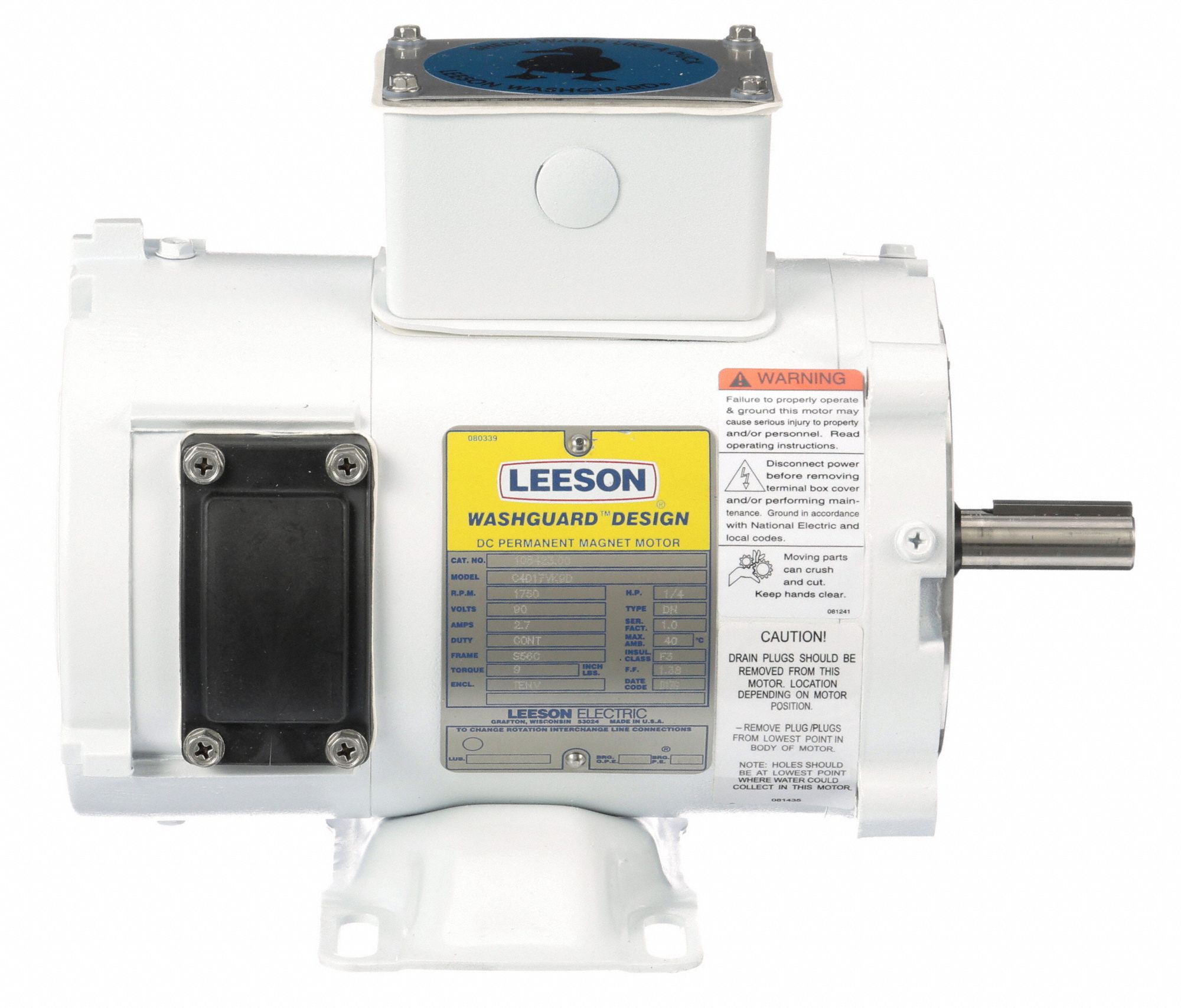 LEESON Washdown Motor: 1/4 HP, 1,750 Nameplate RPM, 56C Frame, Face ...