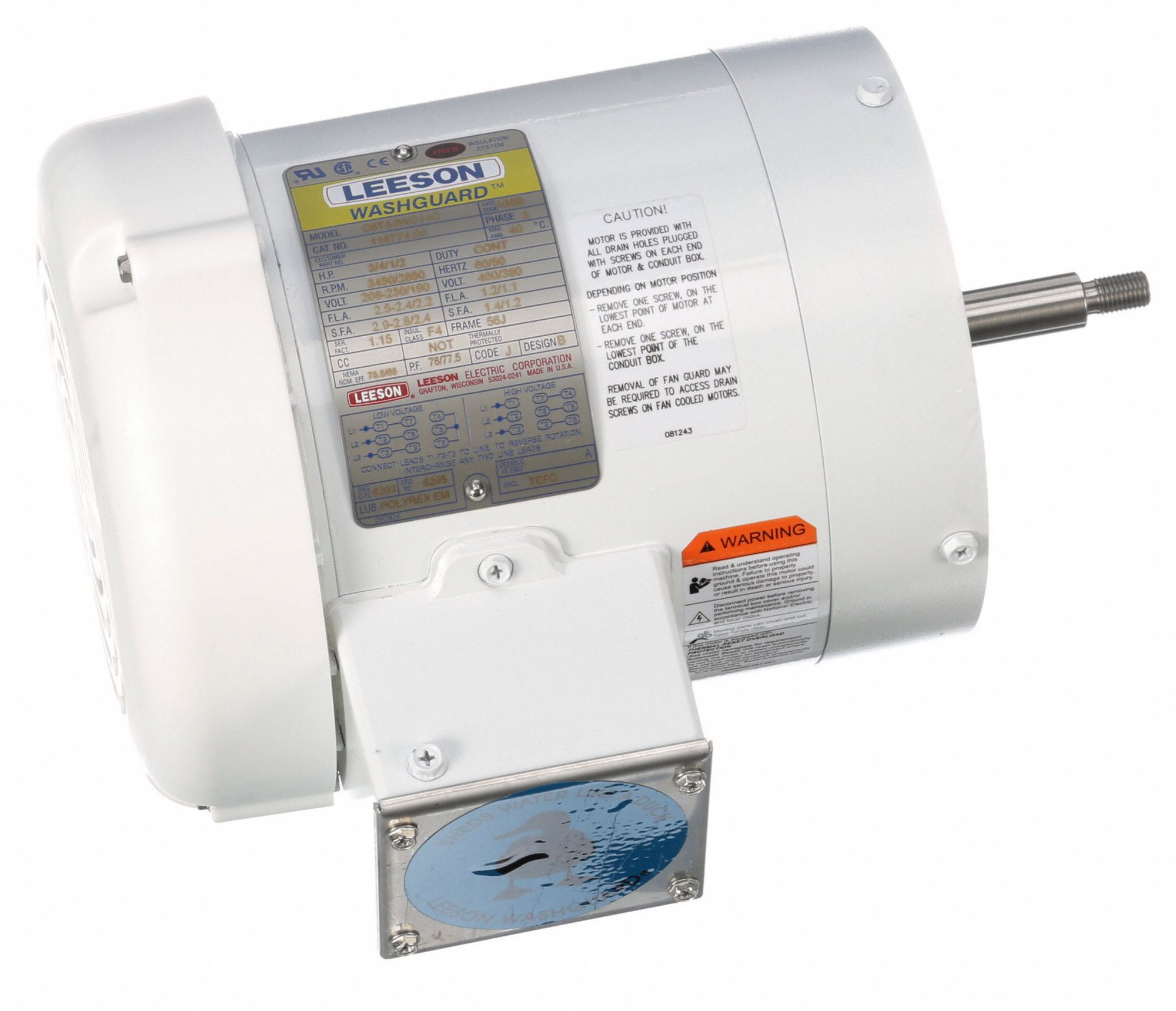 LEESON Washdown Jet Pump Motor, 3/4 HP, 3-Phase, Nameplate RPM 3450 ...