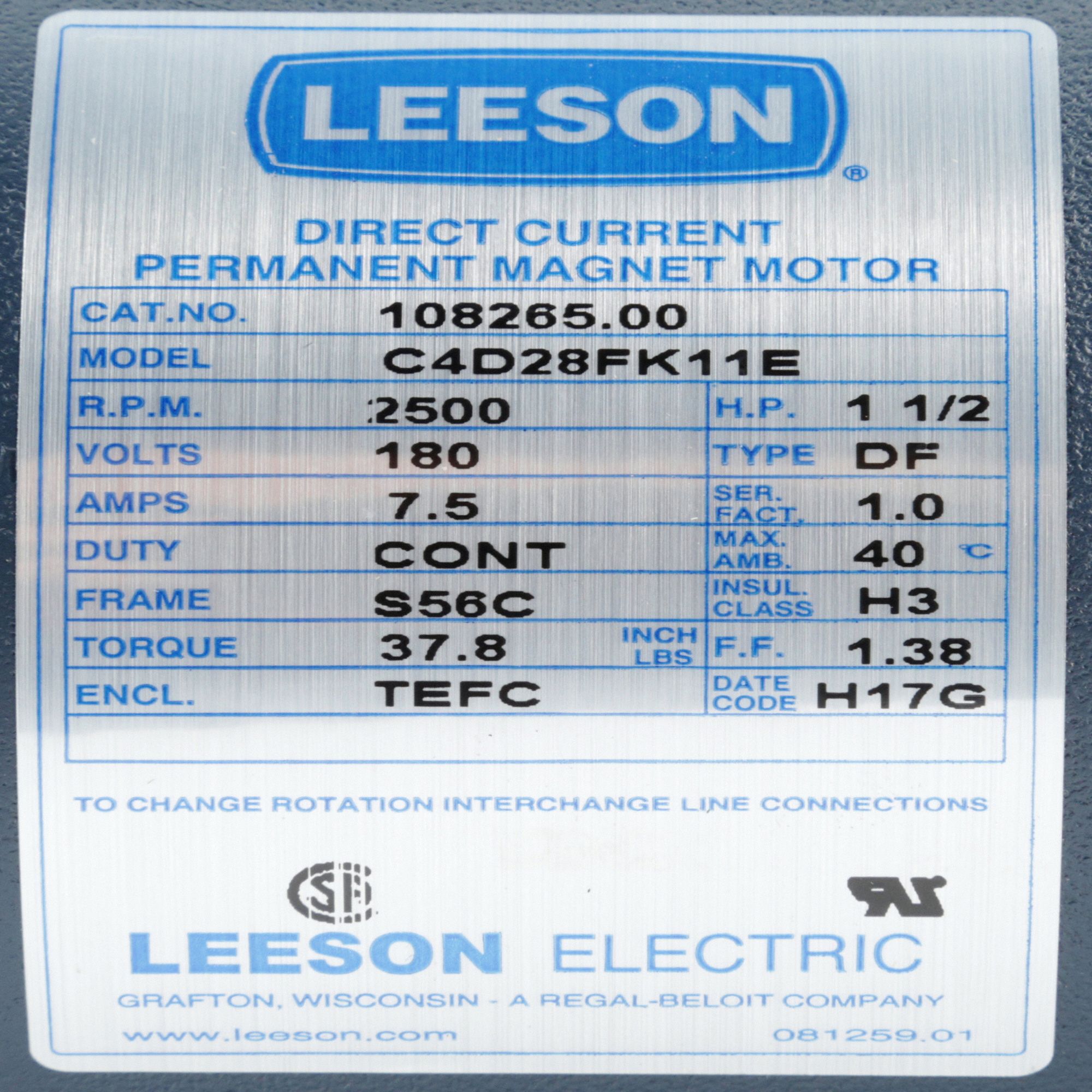LEESON DC Permanent Magnet Motor: 1 1/2 HP, 2,500 Nameplate RPM, 56C ...