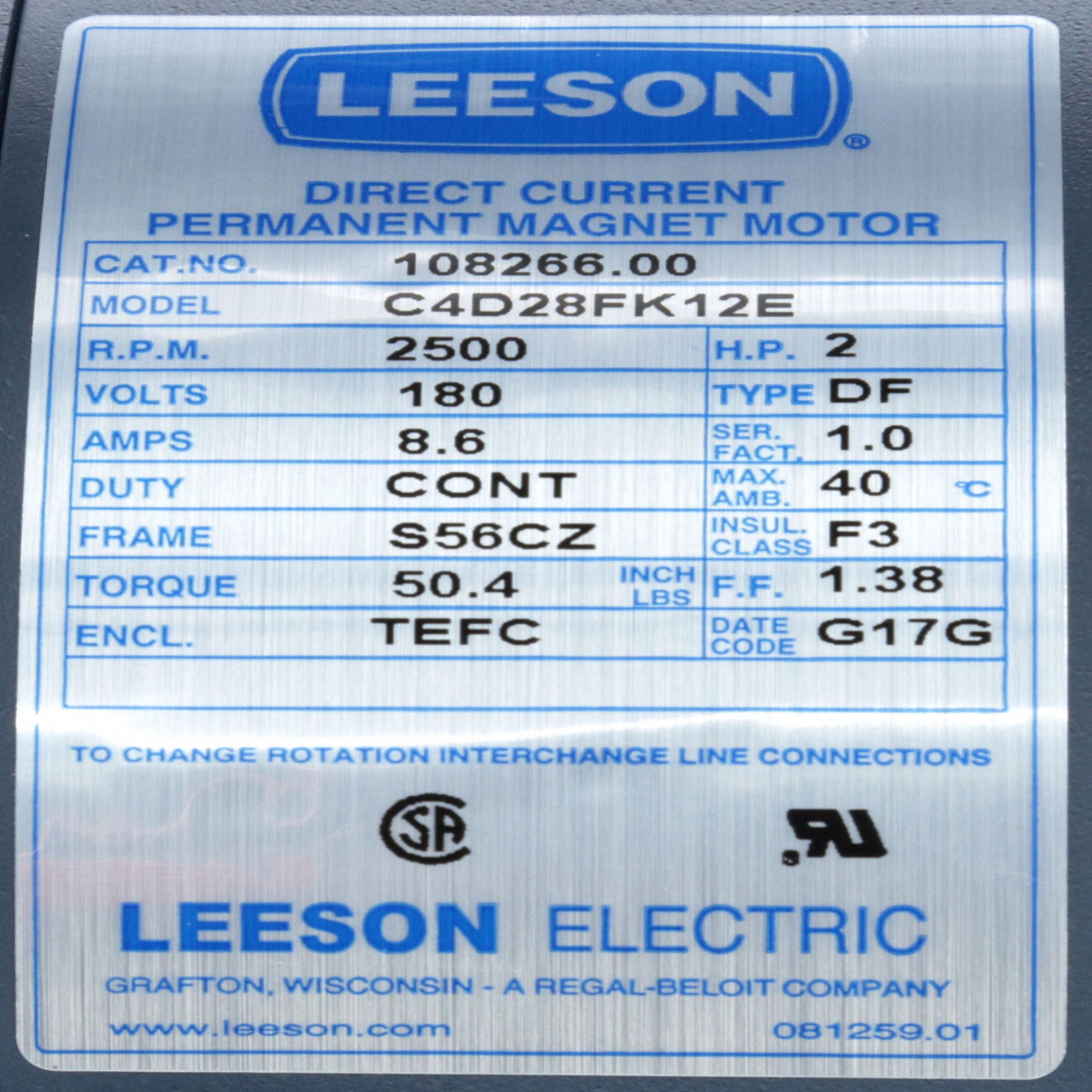 LEESON DC Permanent Magnet Motor: 2 HP, 2,500 Nameplate RPM, 56CZ Frame ...