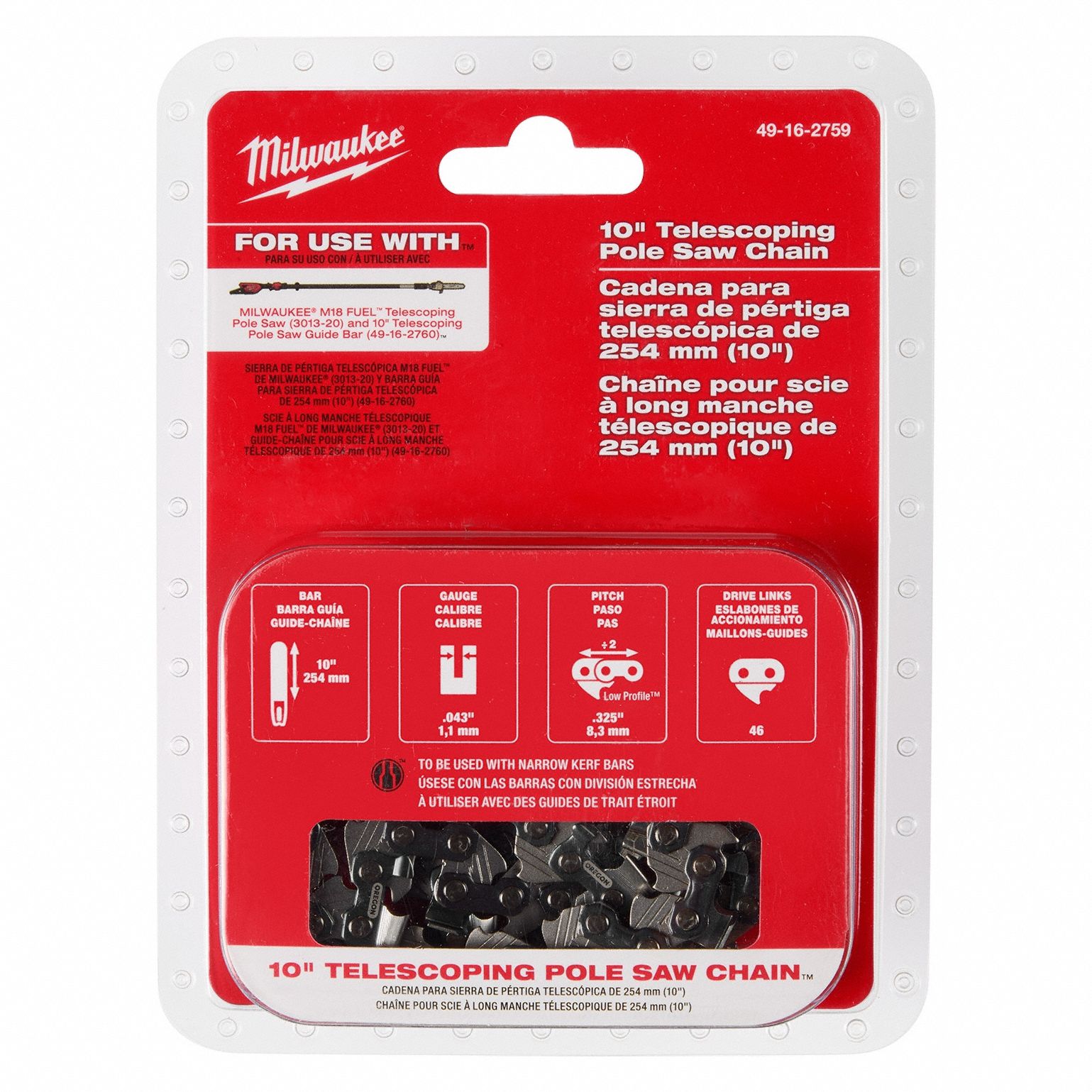 MILWAUKEE, 10 in Compatible Bar Lg, 0.325 in, Pole Saw Chain - 814L48 ...